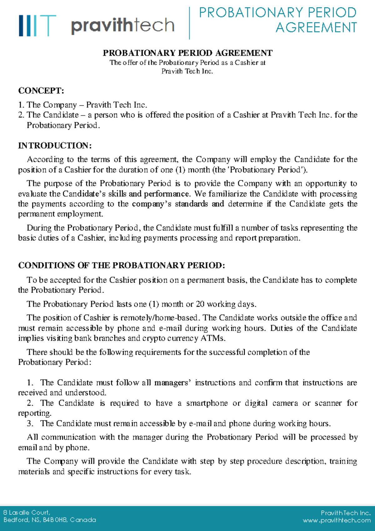 Probationary Period Agreement - AGREEMENT 8 Lasalle Court, Pravith Tech ...