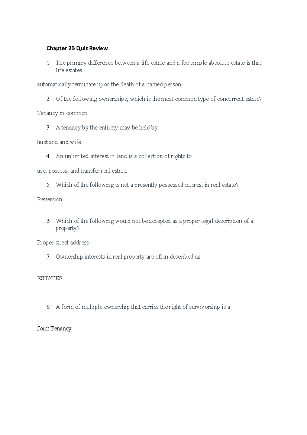 Chapter 2B Quiz Review: Key Concepts on Real Estate Ownership - Studocu
