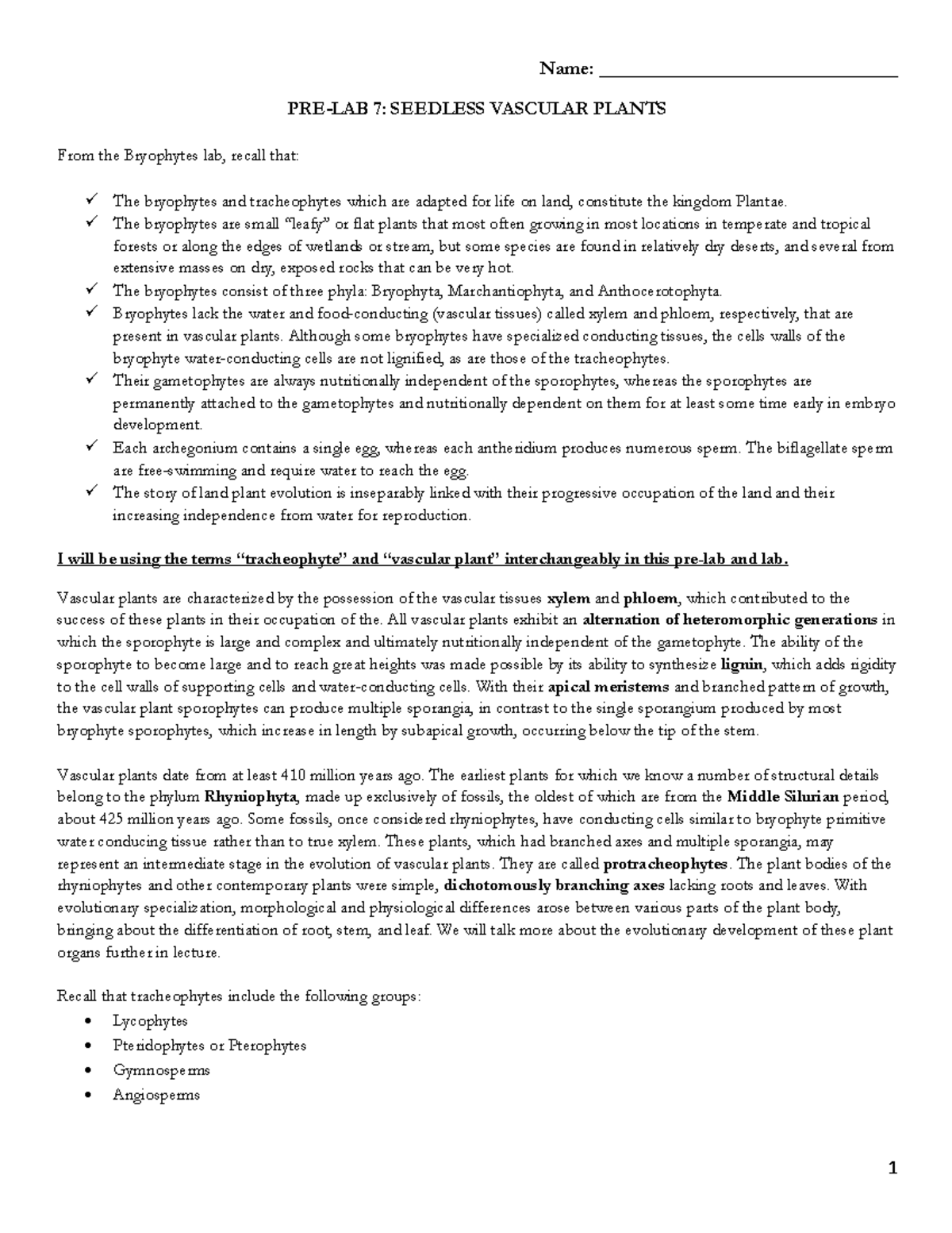 Pre-Lab 7: Overview of Seedless Vascular Plants and Study Guide - Studocu