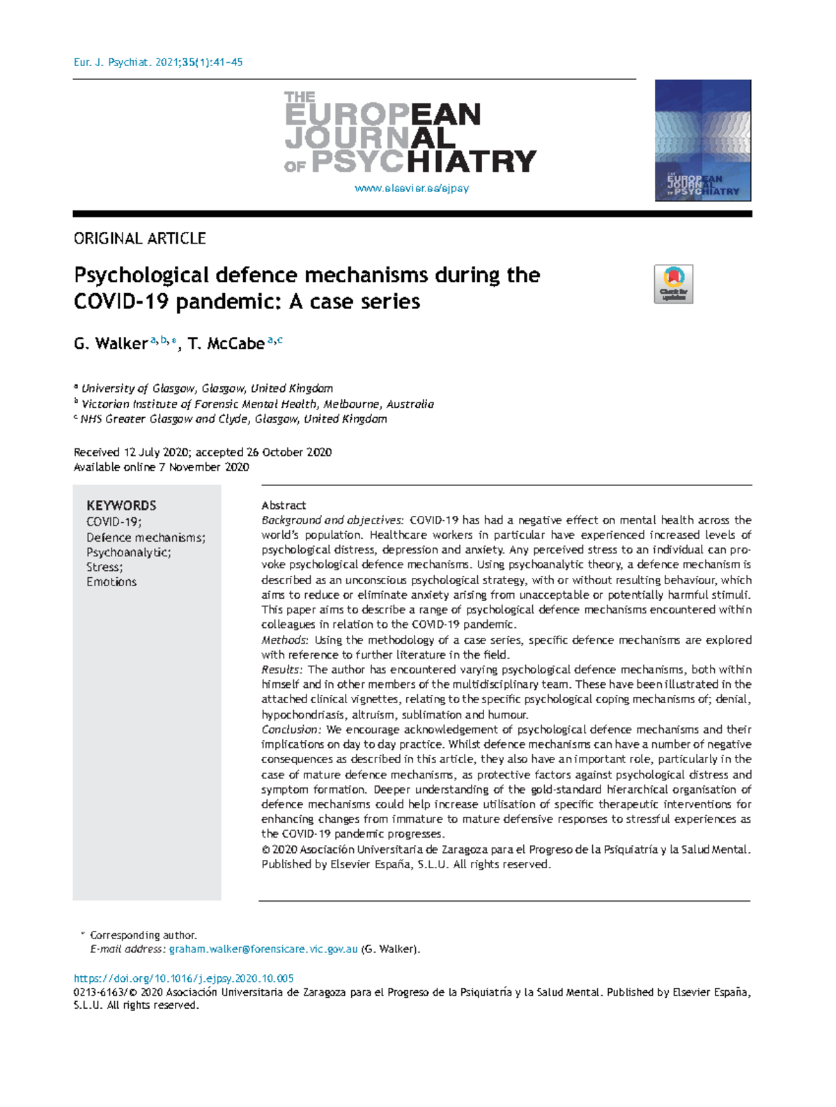 Psychological Defence Mechanisms in COVID-19: A Case Study Analysis ...