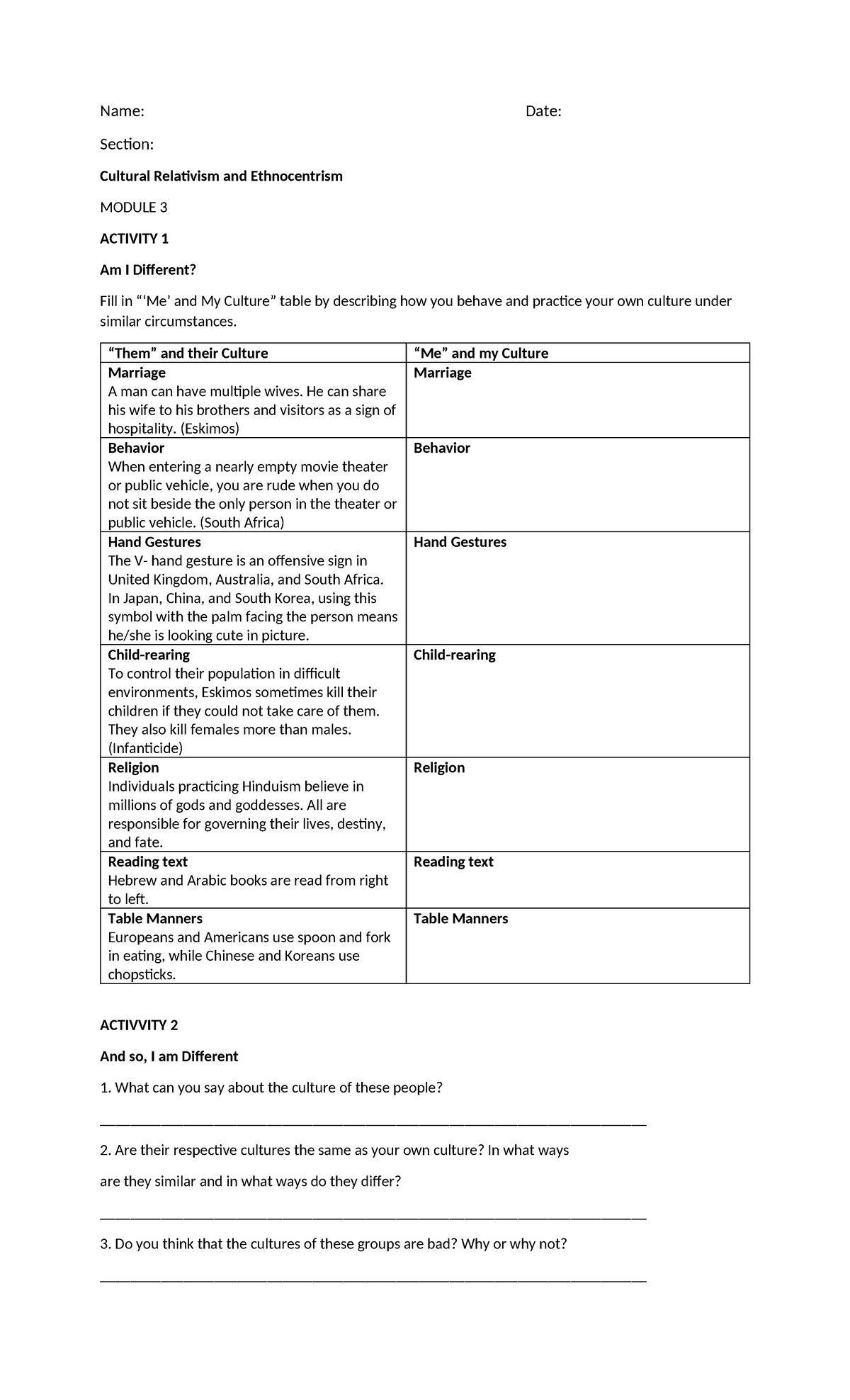 Cultural Relativism and Ethnocentrism Insights - Module 3 Activity ...