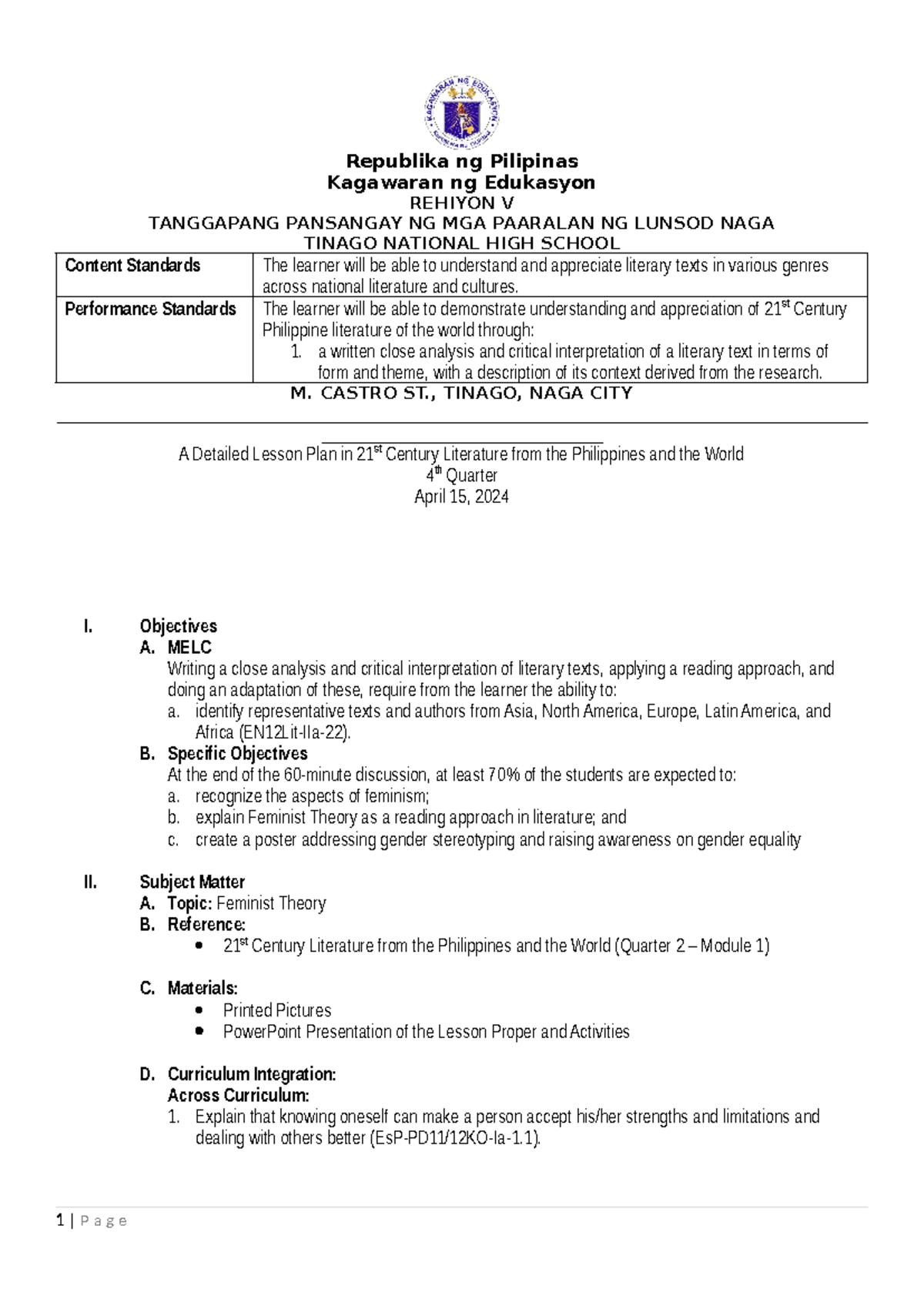 Feminist Theory Lesson Plan - Republika ng Pilipinas Kagawaran ng ...