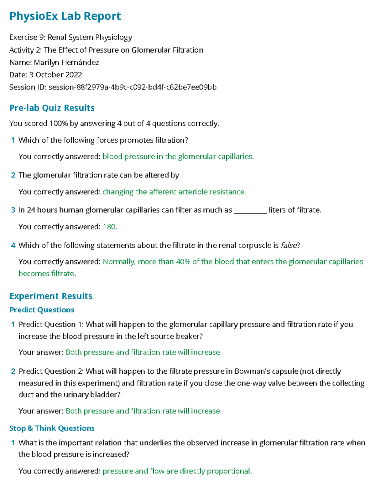Physio Ex Exercise 9 Activity 2 - PhysioEx Lab Report Exercise 9: Renal ...