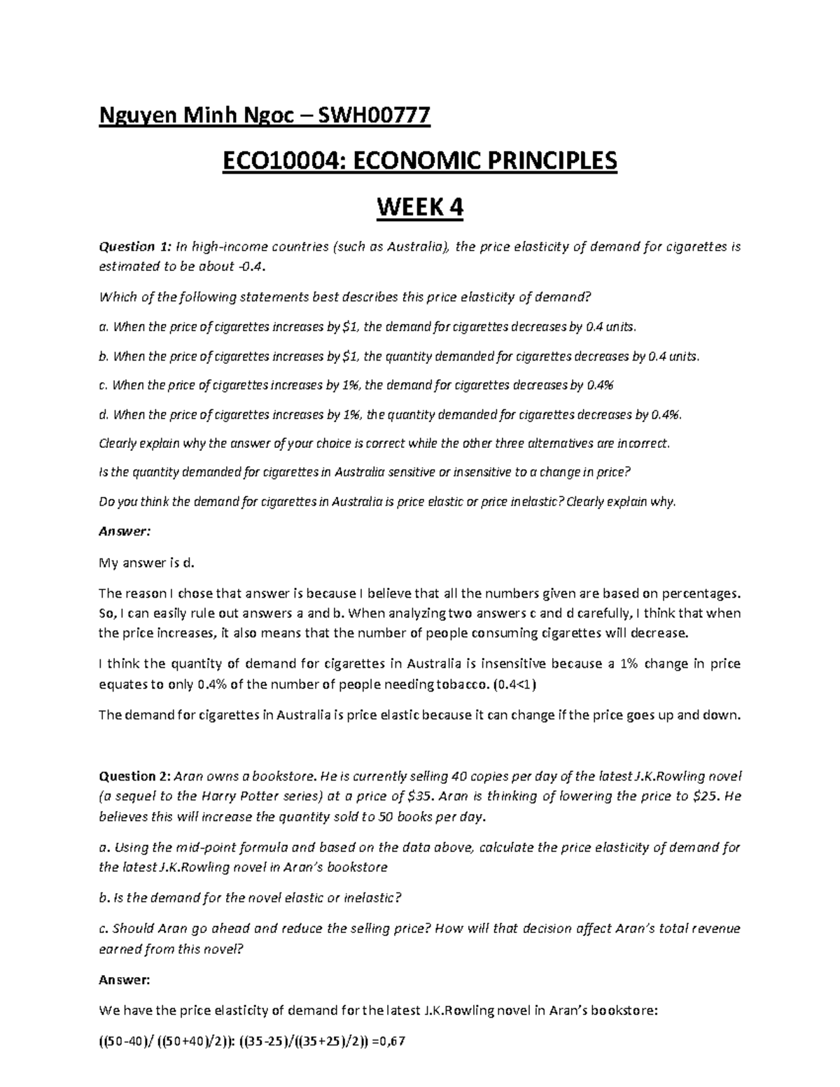 ECO10004 - Homework Week 4: Elasticity of Demand Analysis and Concepts ...