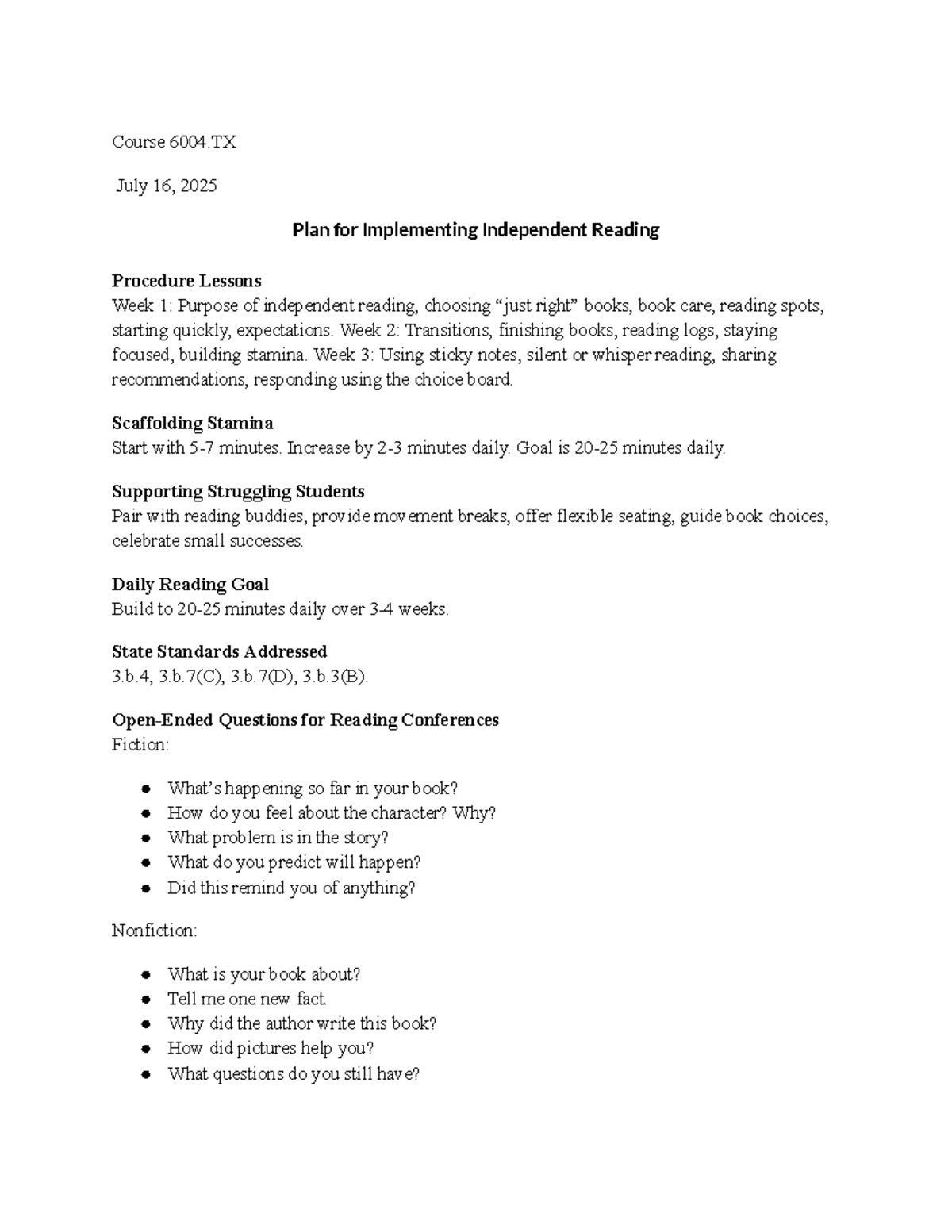 Course 6004.TX Independent Reading Implementation Plan: Weeks 1-3 - Studocu
