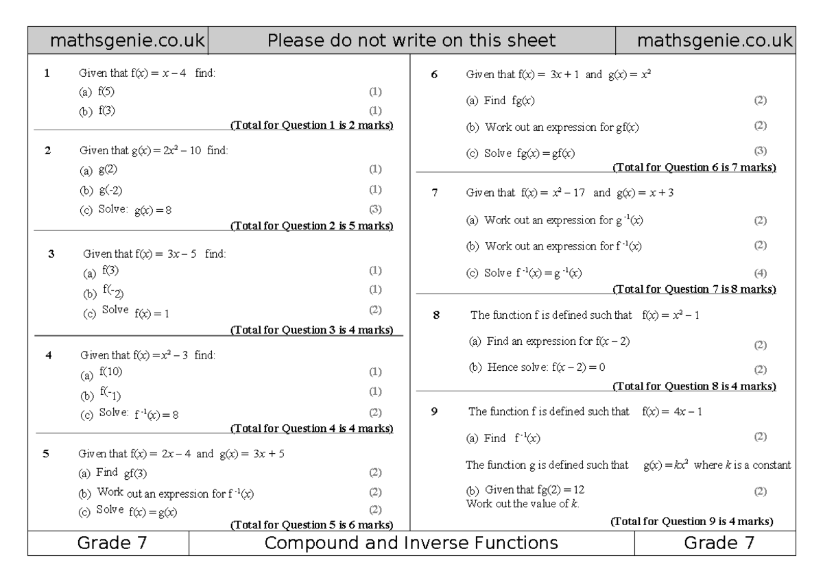 Functions Practice Worksheet - Grade 7 (7-functions-ws) - Studocu