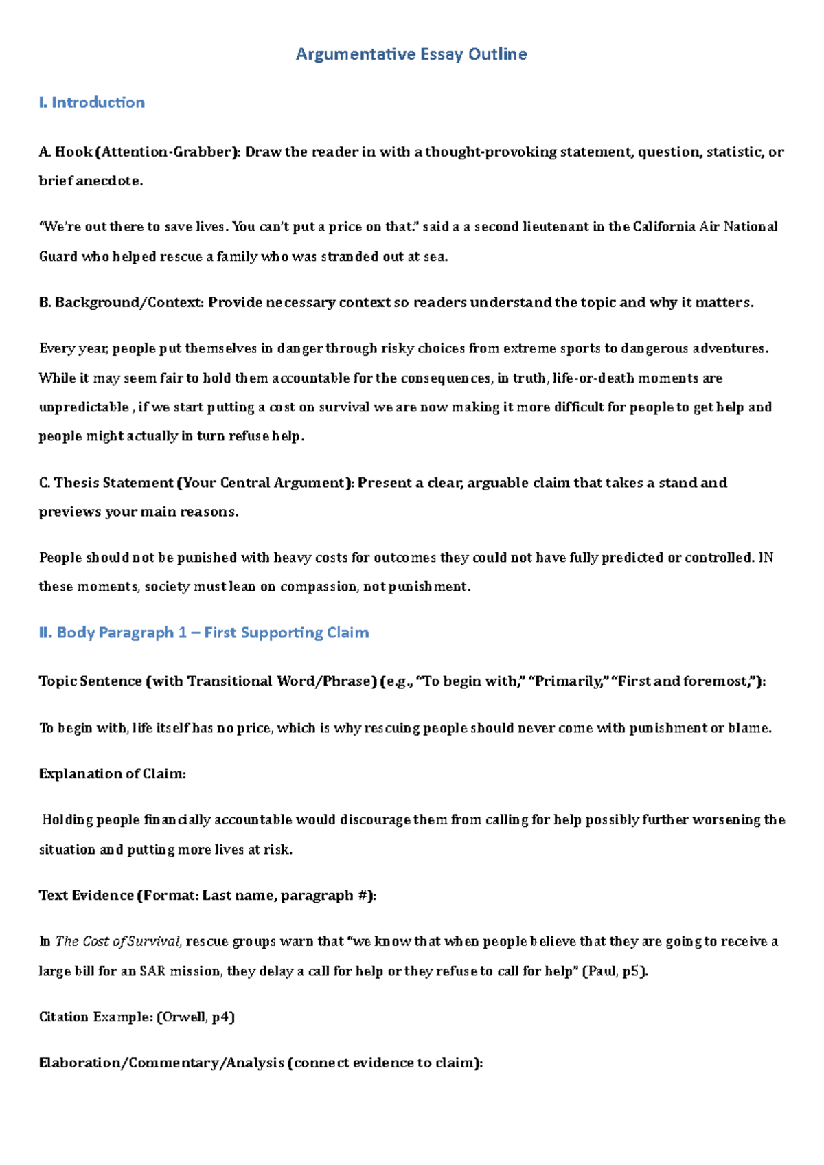 Argumentative Essay Outline: The Cost of Survival (11th Grade Honors ...