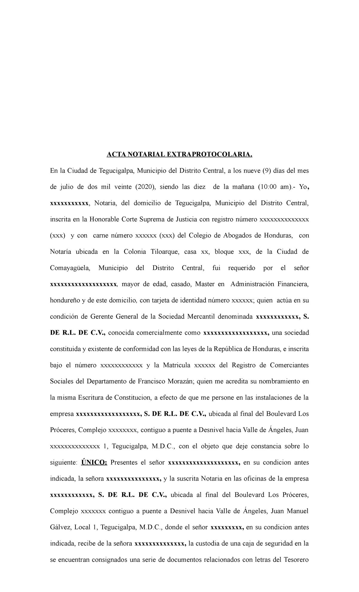 ACTA Notarial Extraprotoc. - Ejemplo Clase en Tegucigalpa - Studocu