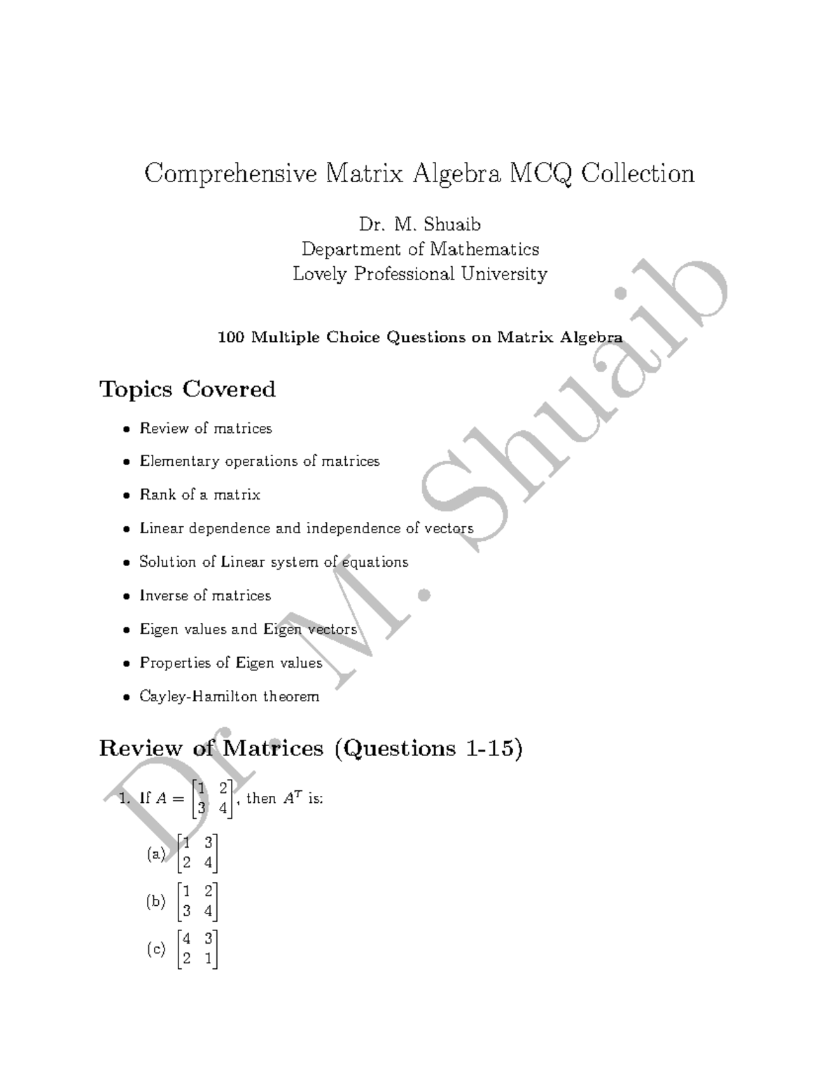 Matrix Algebra MCQ Collection for MATH101 - 100 Questions - Studocu