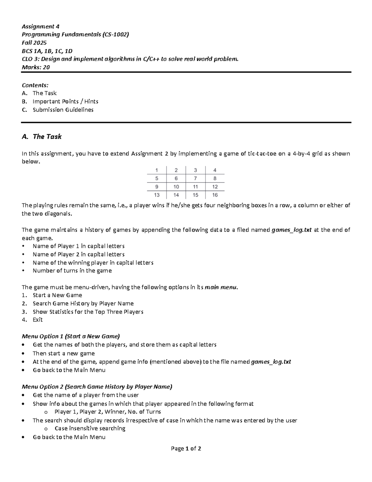 Assignment 4: Game Implementation in Programming Fundamentals BCS 1A, 1B, 1C, 1D - Studocu