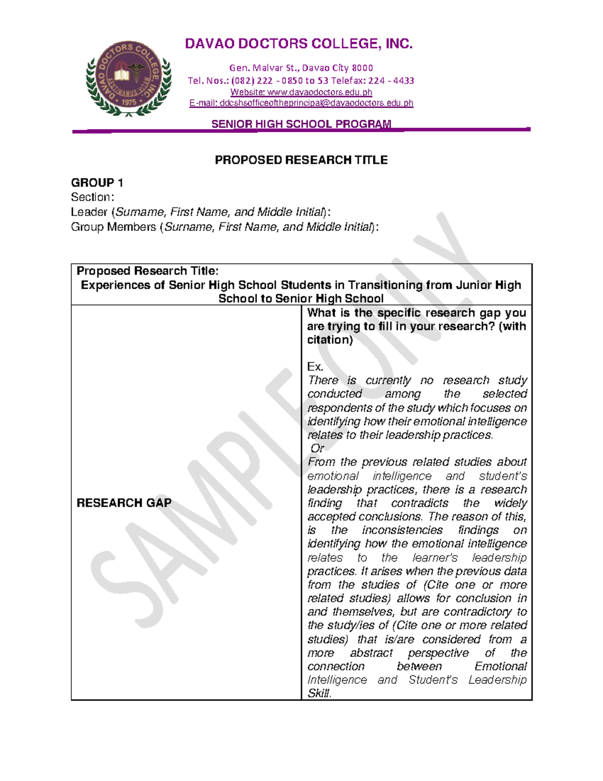 PR1 Sample Proposed Research Title - Gen. Malvar St., Davao City 8000 ...