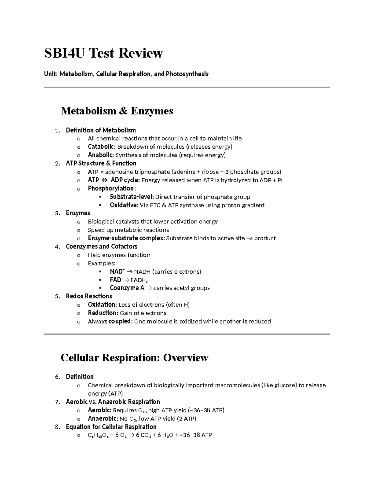 SBI4U Test Review: Metabolism, Cellular Respiration & Photosynthesis ...