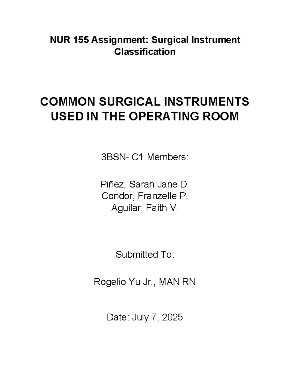 NUR 155 Assignment: Classification of Common Surgical Instruments - Studocu