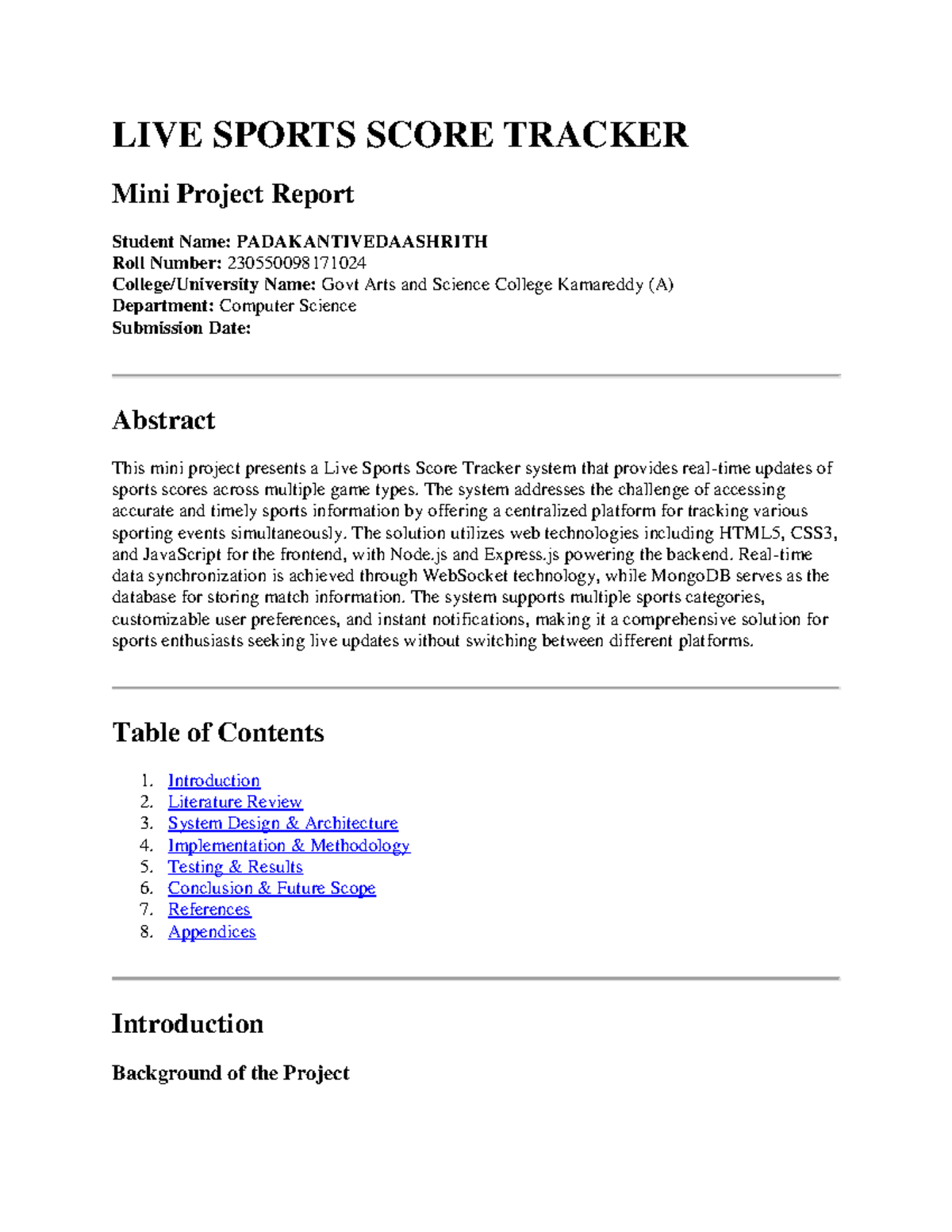 Live sports score tracker mini project report - VCBGNGBN - Studocu