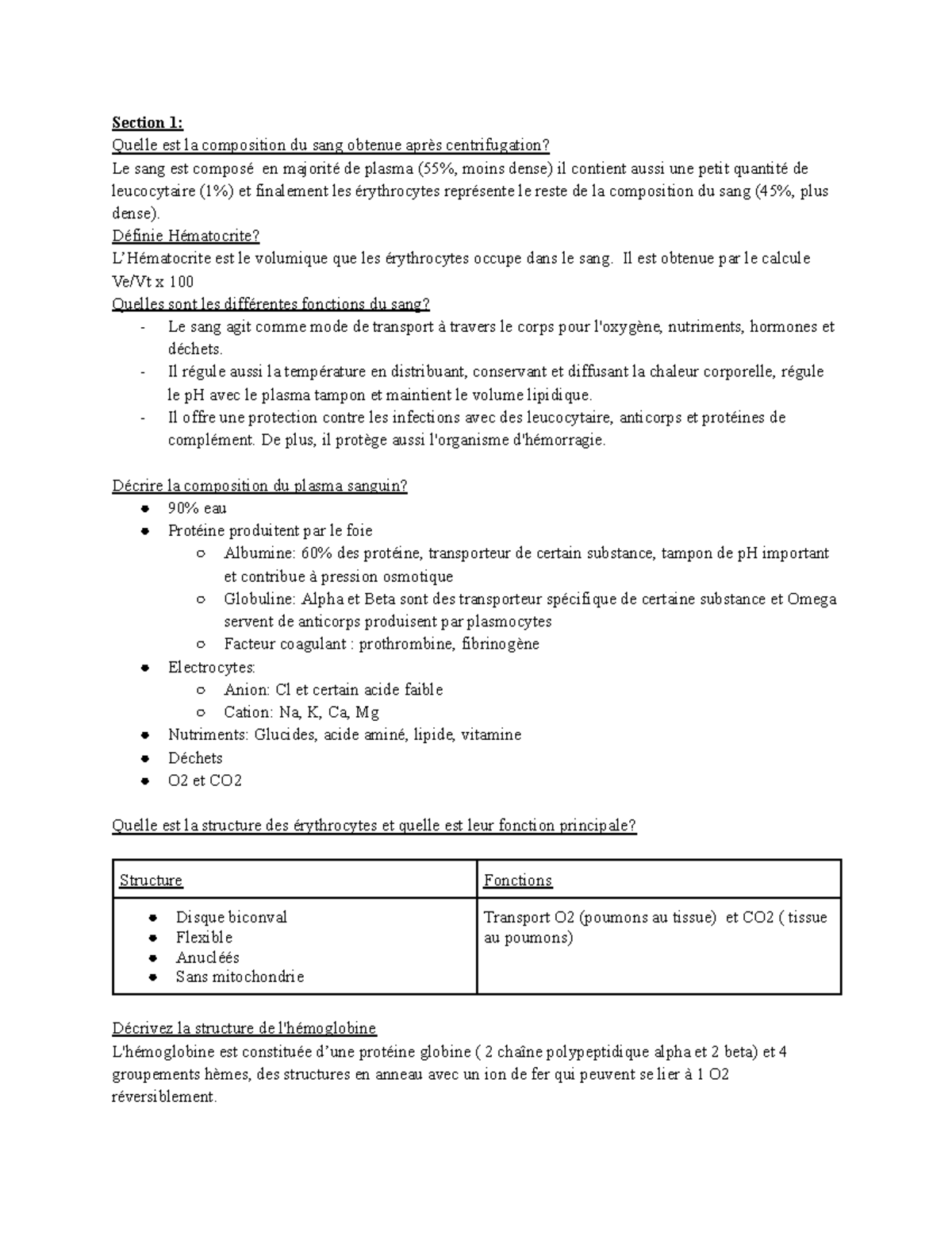ANP 1515 Midterm 1 notes - Section 1: Quelle est la composition du sang ...