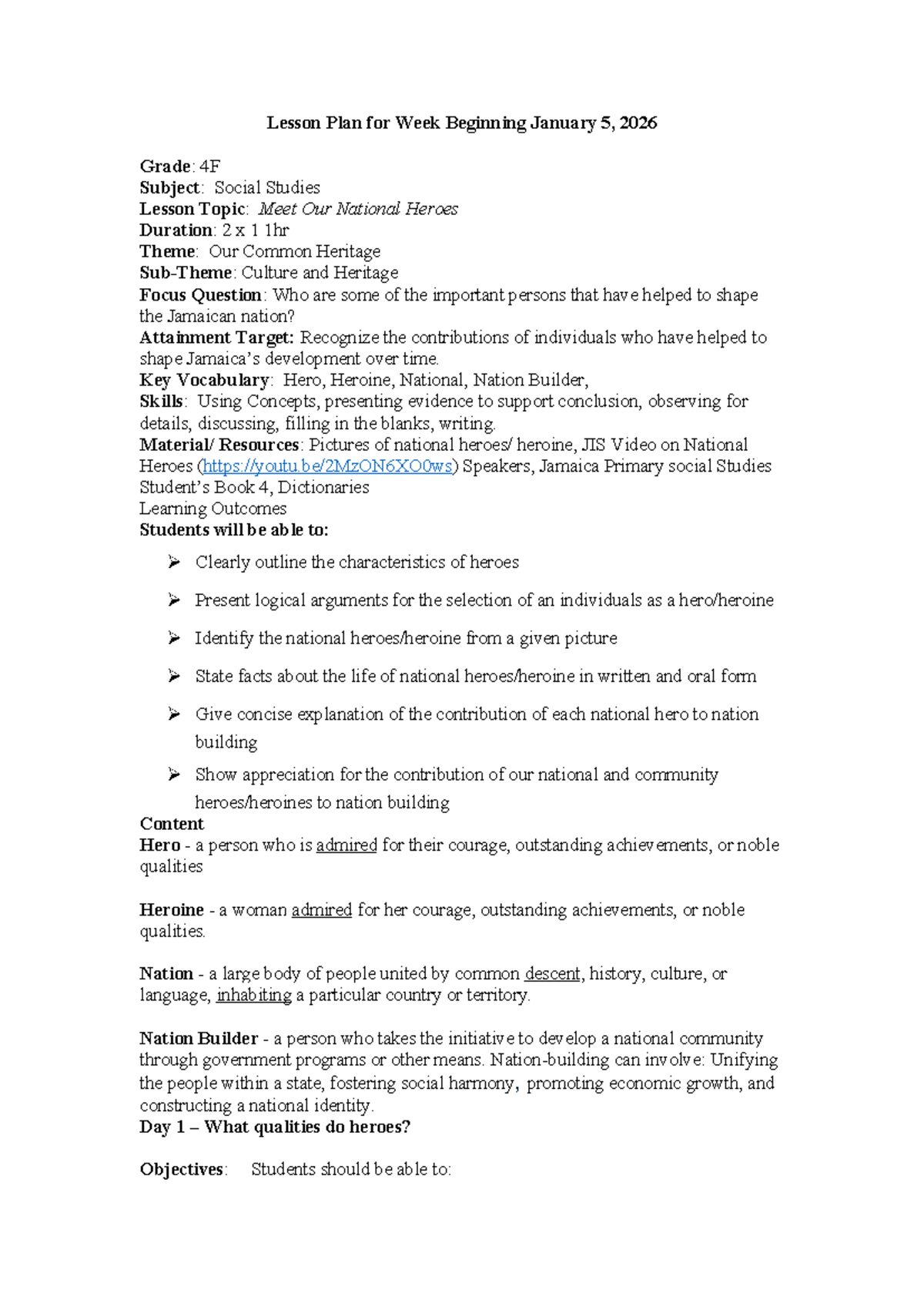 Grade 4 Social Studies Lesson Plan: National Heroes (Jan 5, 2026) - Studocu