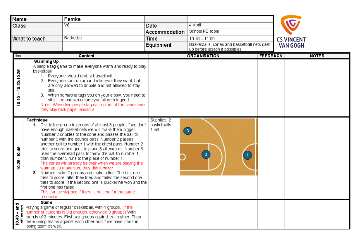 Basketball Lesson Plan PE V6 - Warm-Up & Technique Strategies - Studeersnel