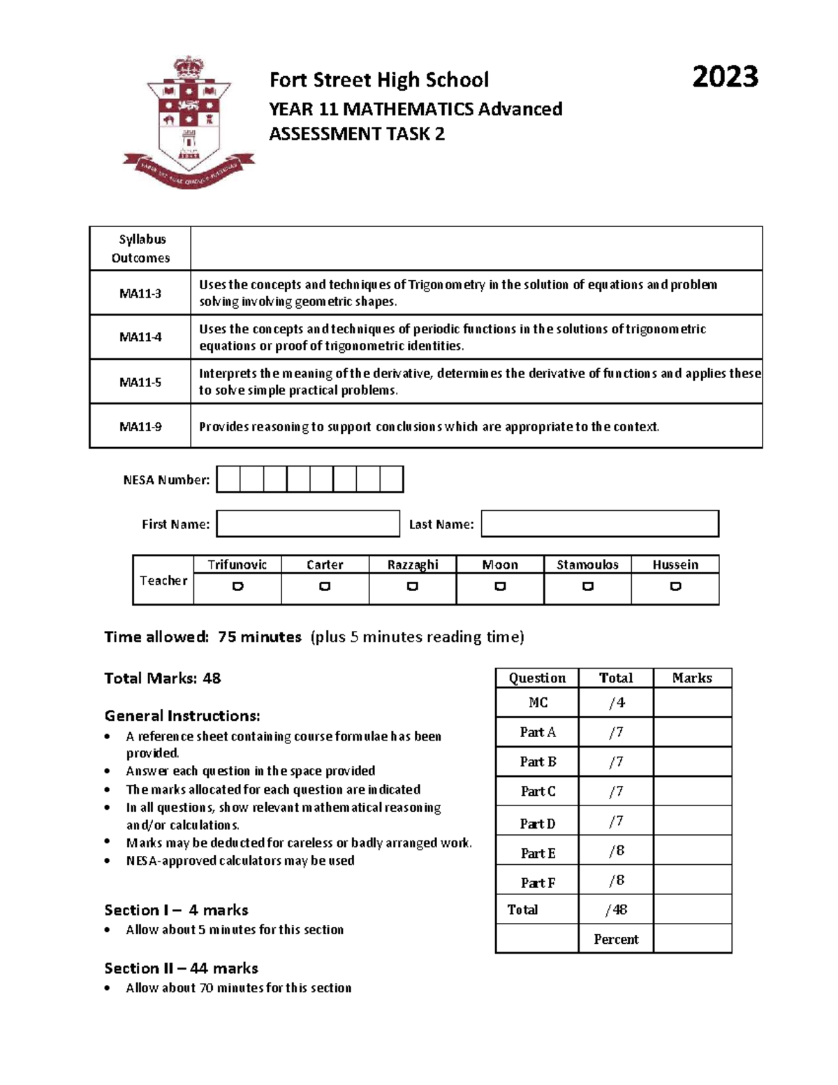 2023 Fort Street High School YEAR 11 MATHEMATICS Advanced ASSESSMENT ...