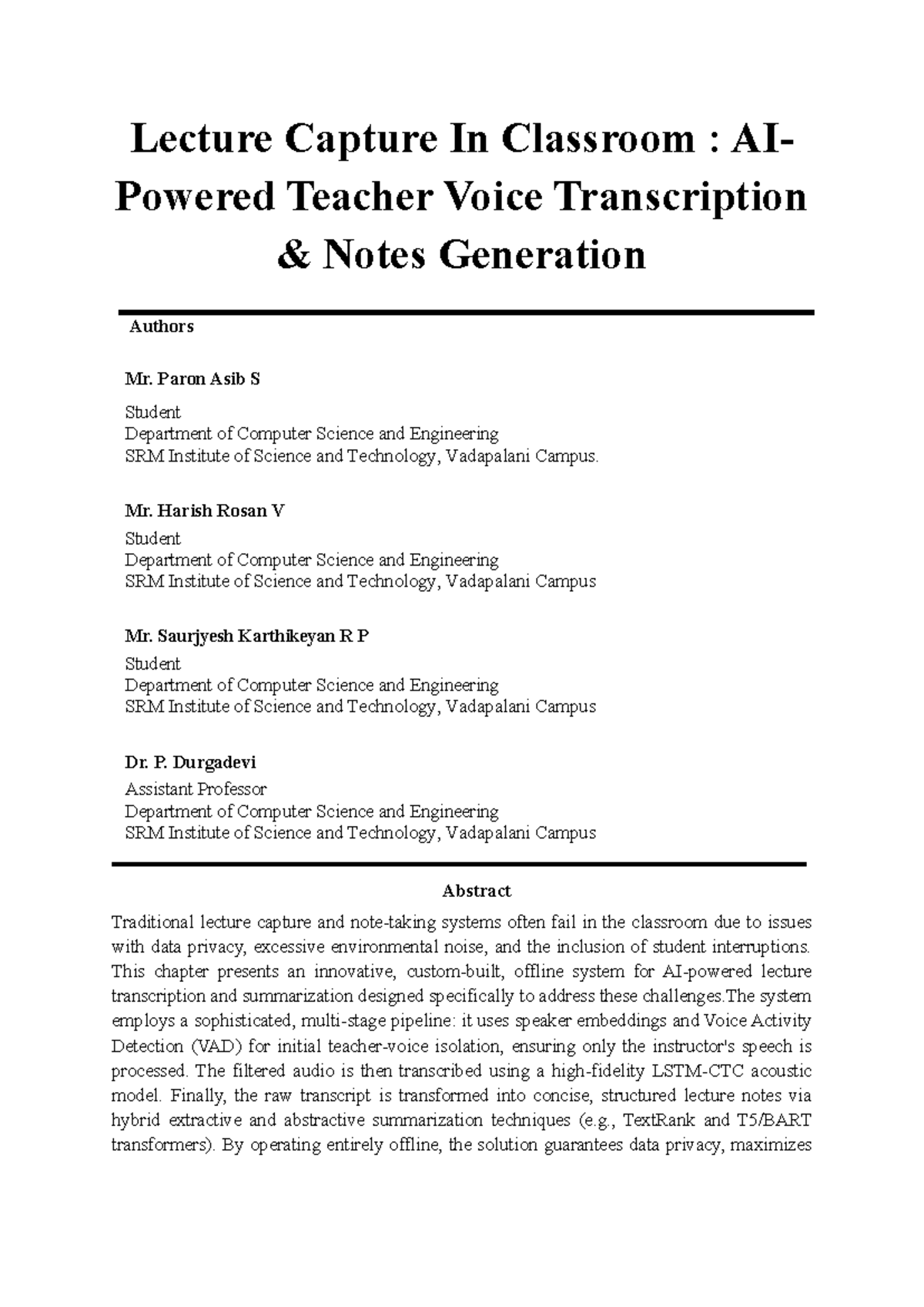 Lecture Capture in Classroom: AI-Powered Transcription Notes (CSE ...