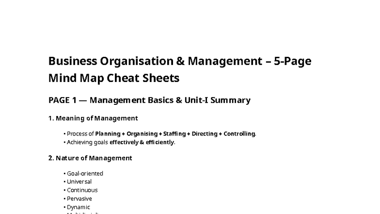 BO 101: Business Organisation Management Mind Map Cheat Sheet - Studocu