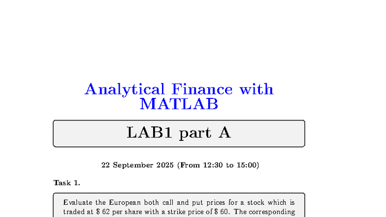 MAA321 Lab1 - Analytical Finance with MATLAB Tasks and Evaluation - Studocu