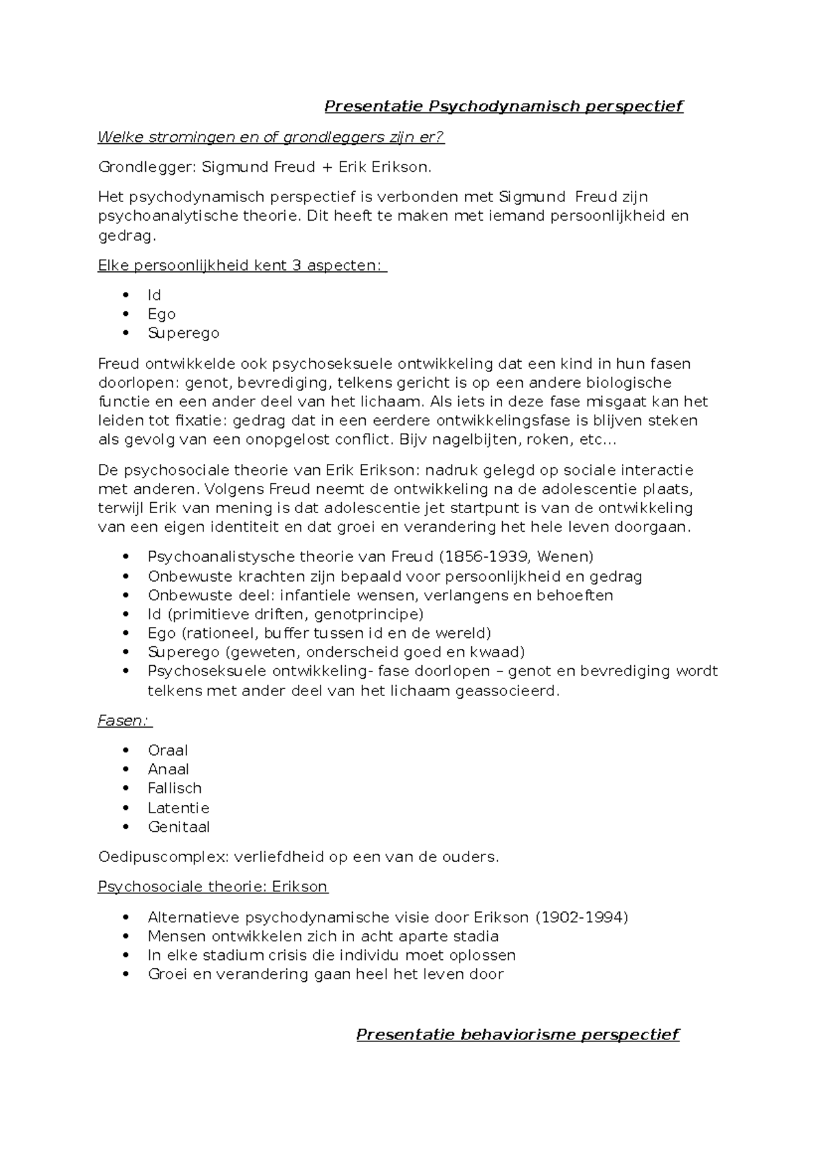 Presentatie Psychodynamisch Perspectief: Freud en Erikson Verkenning ...