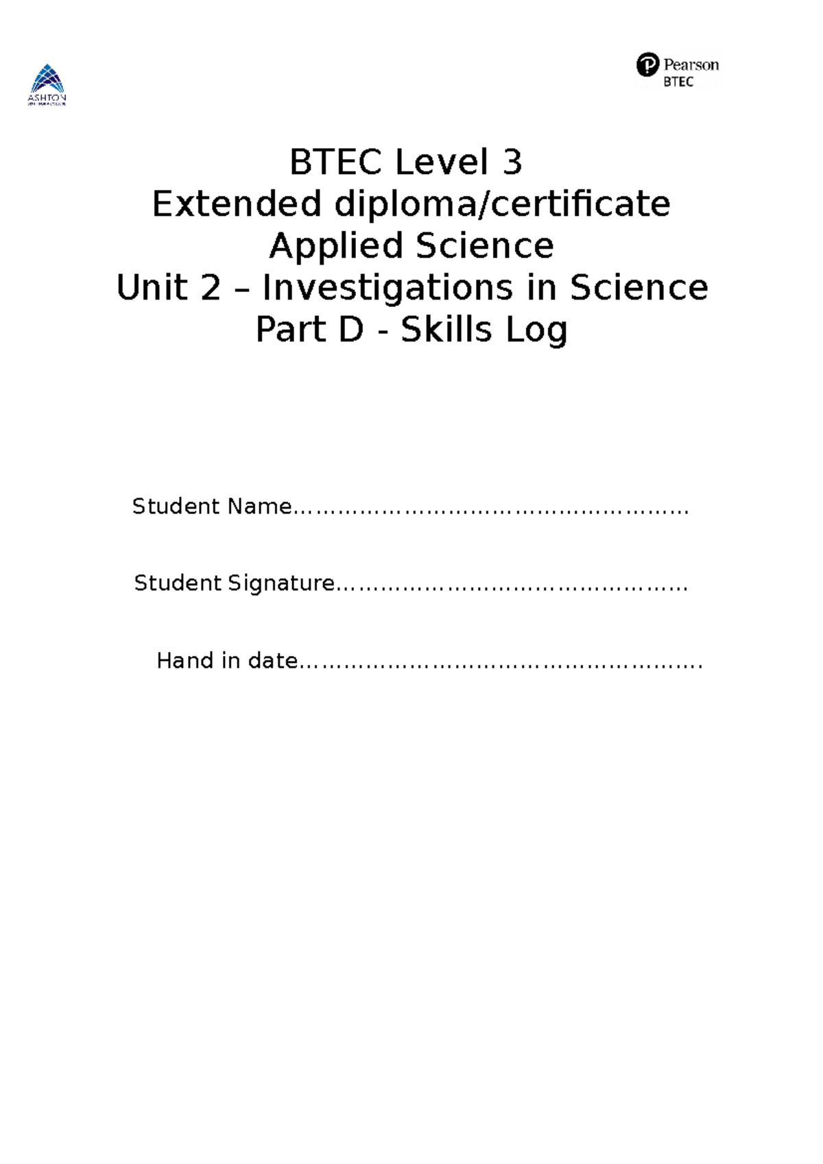 Unit 2D - Applied Science Skills Log for Investigations in Science ...