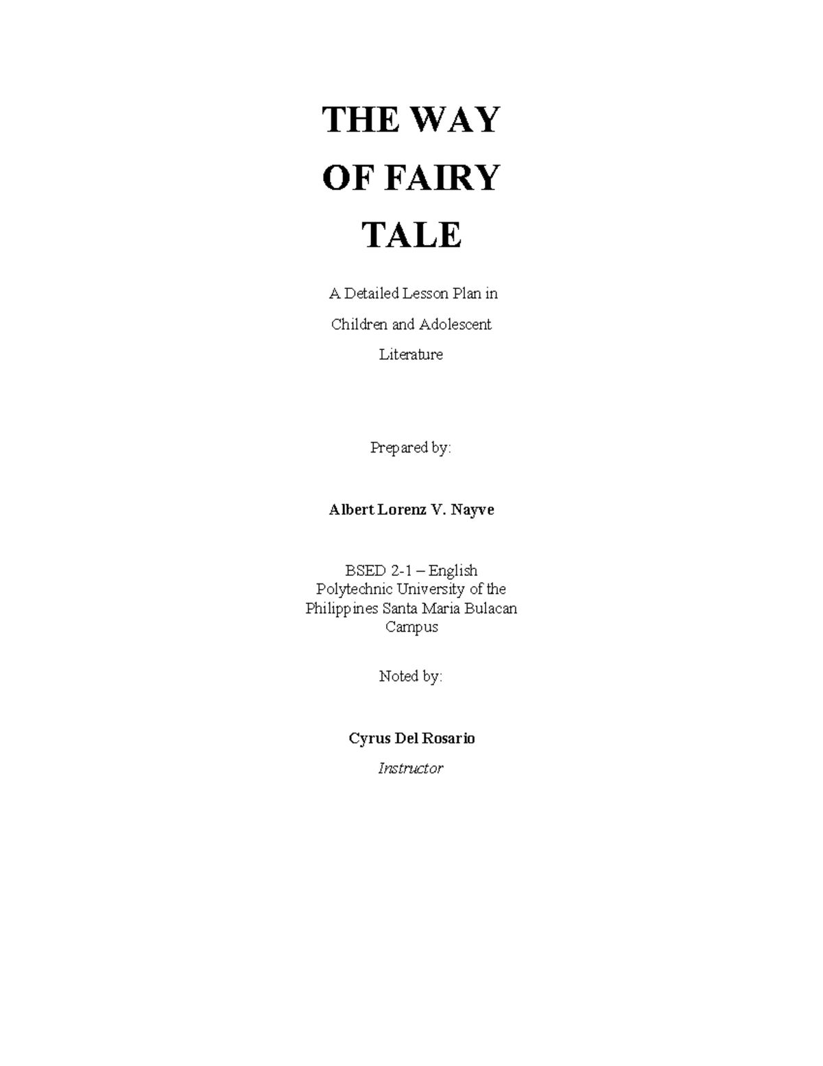 Lesson Plan: Exploring Fairy Tales in Children & Adolescent Lit (BSED 2 ...