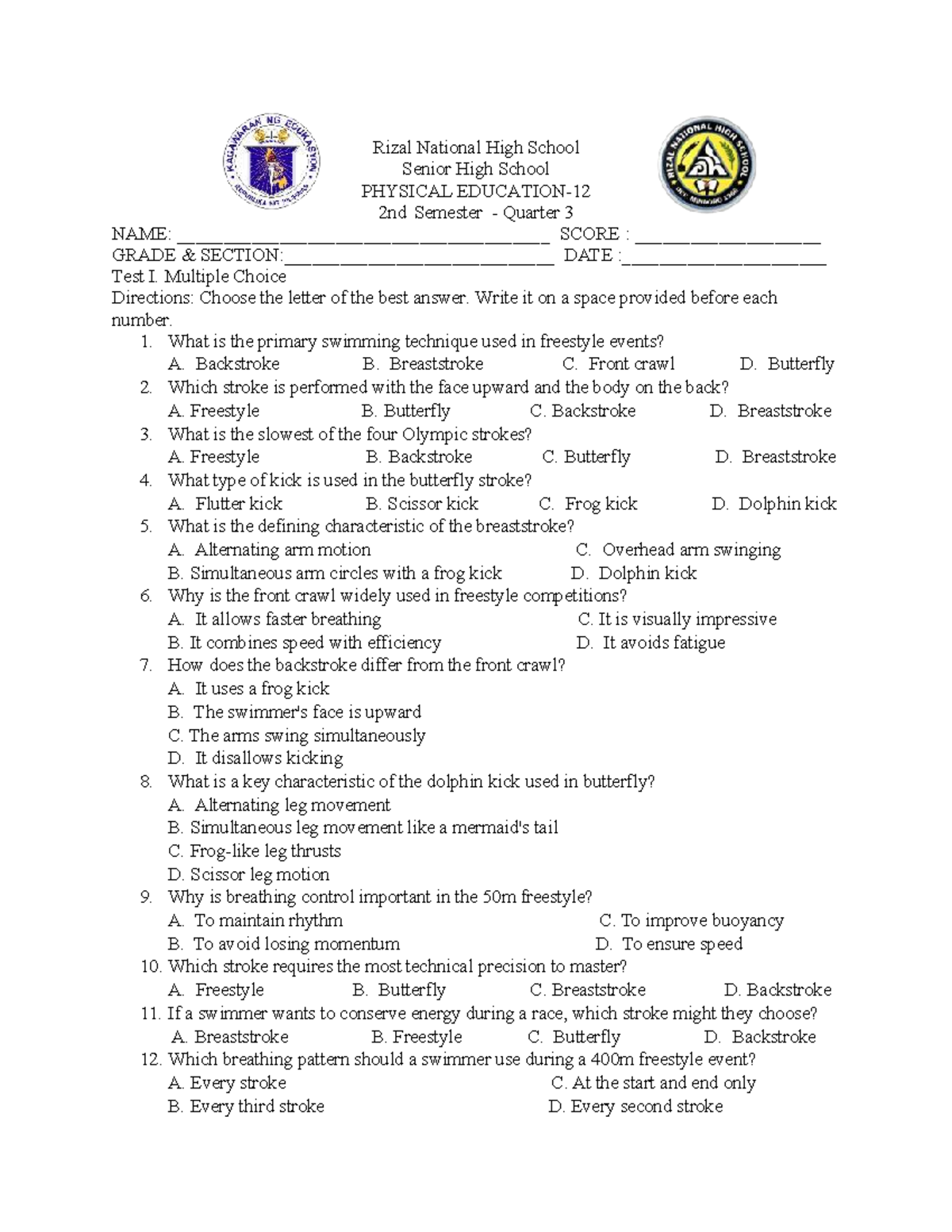 P.E. 12 3rd Quarter Exam: Swimming Techniques & Fitness Concepts - Studocu