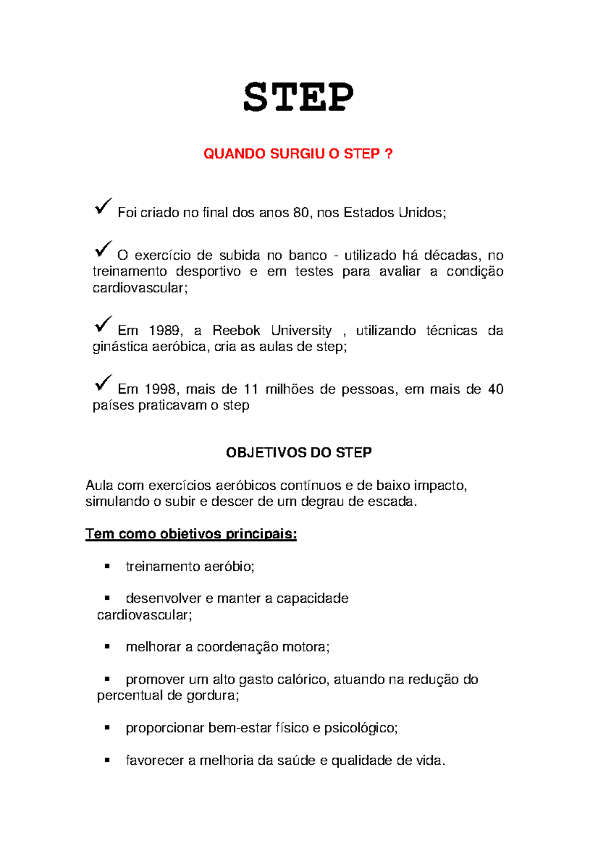 Guia Básico de Step: Objetivos e Estrutura da Aula - Studocu