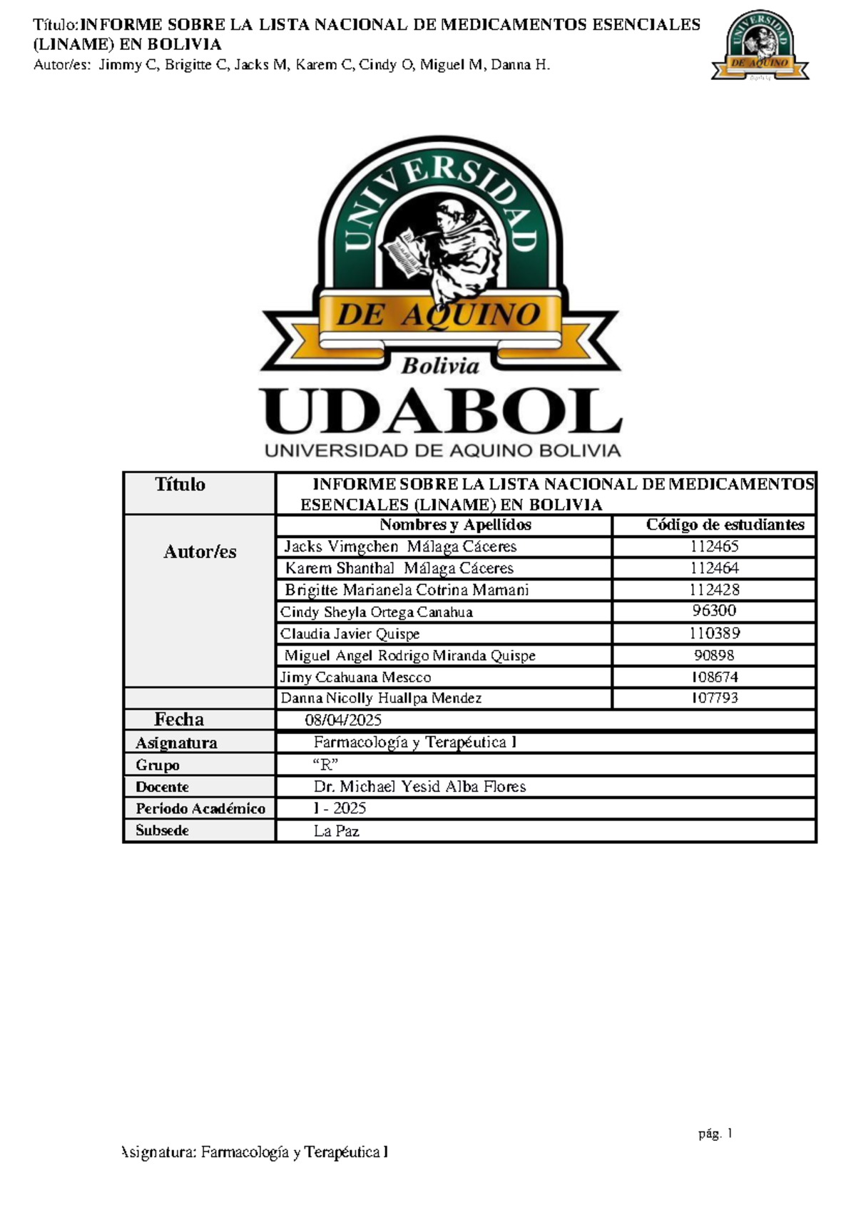 Informe sobre la LINAME en Bolivia - Farmacología y Terapéutica I - Studocu