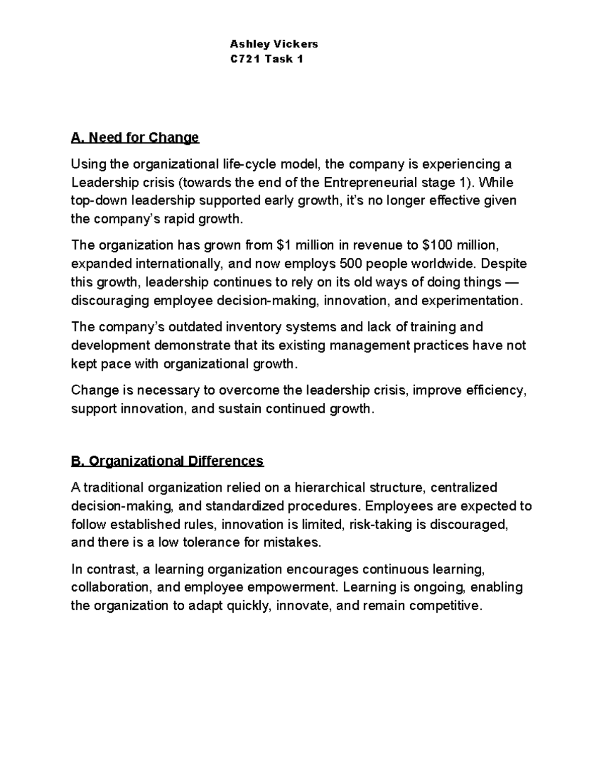C721 Task 1: Addressing Leadership Crisis and Change Management ...
