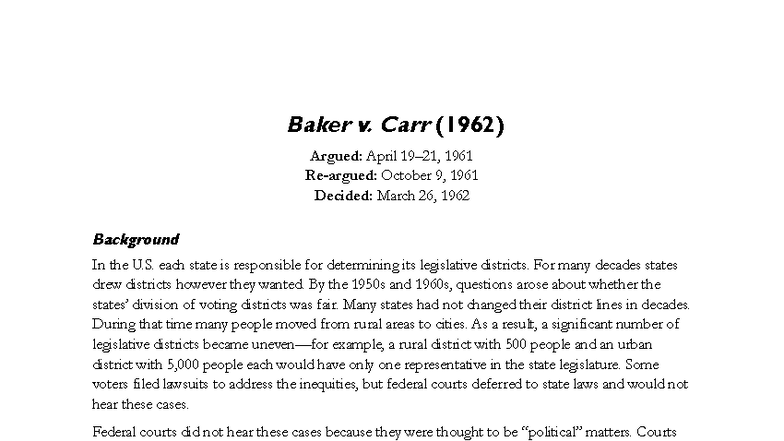 Baker v. Carr (1962) Case Study: Legislative District Apportionment ...
