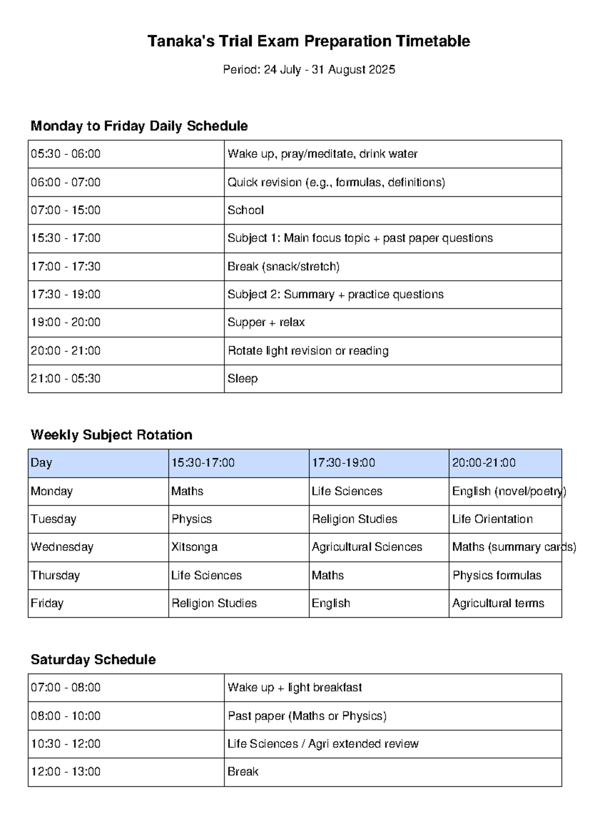 Tanaka Trial Exam Prep Timetable: 24 July - 31 August 2025 - Studocu