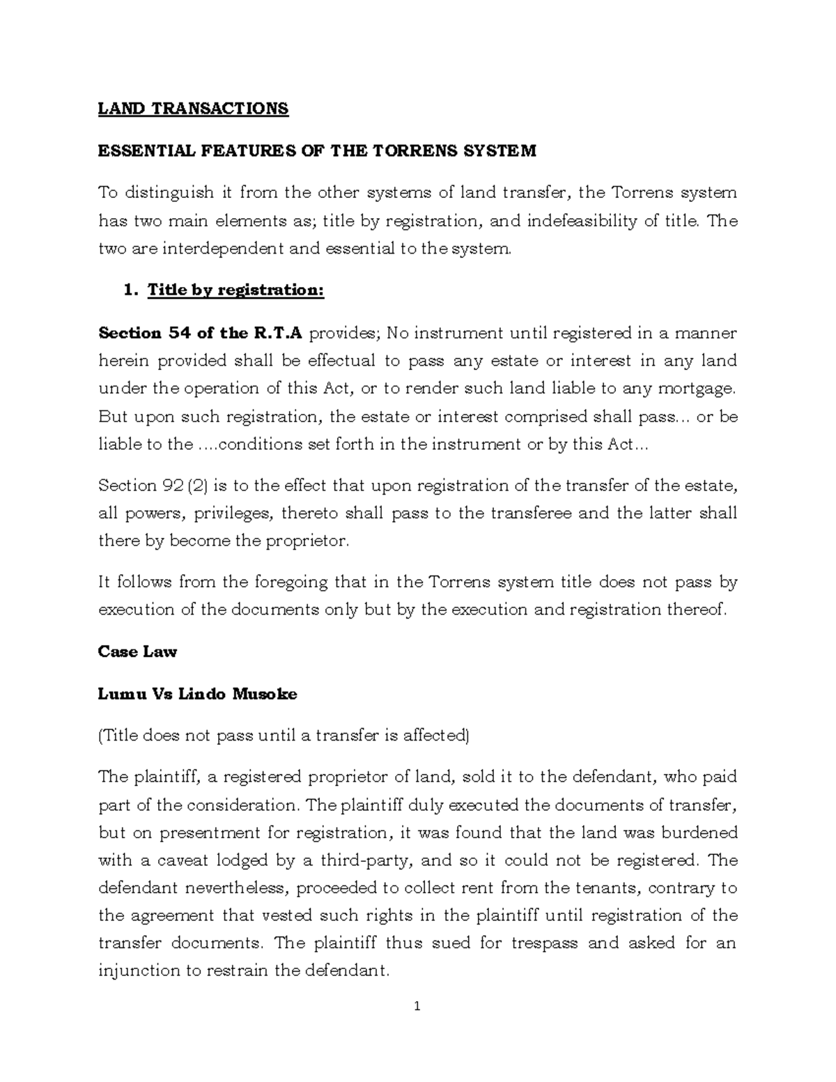 Land Law II: Key Features of the Torrens System Explained - Studocu
