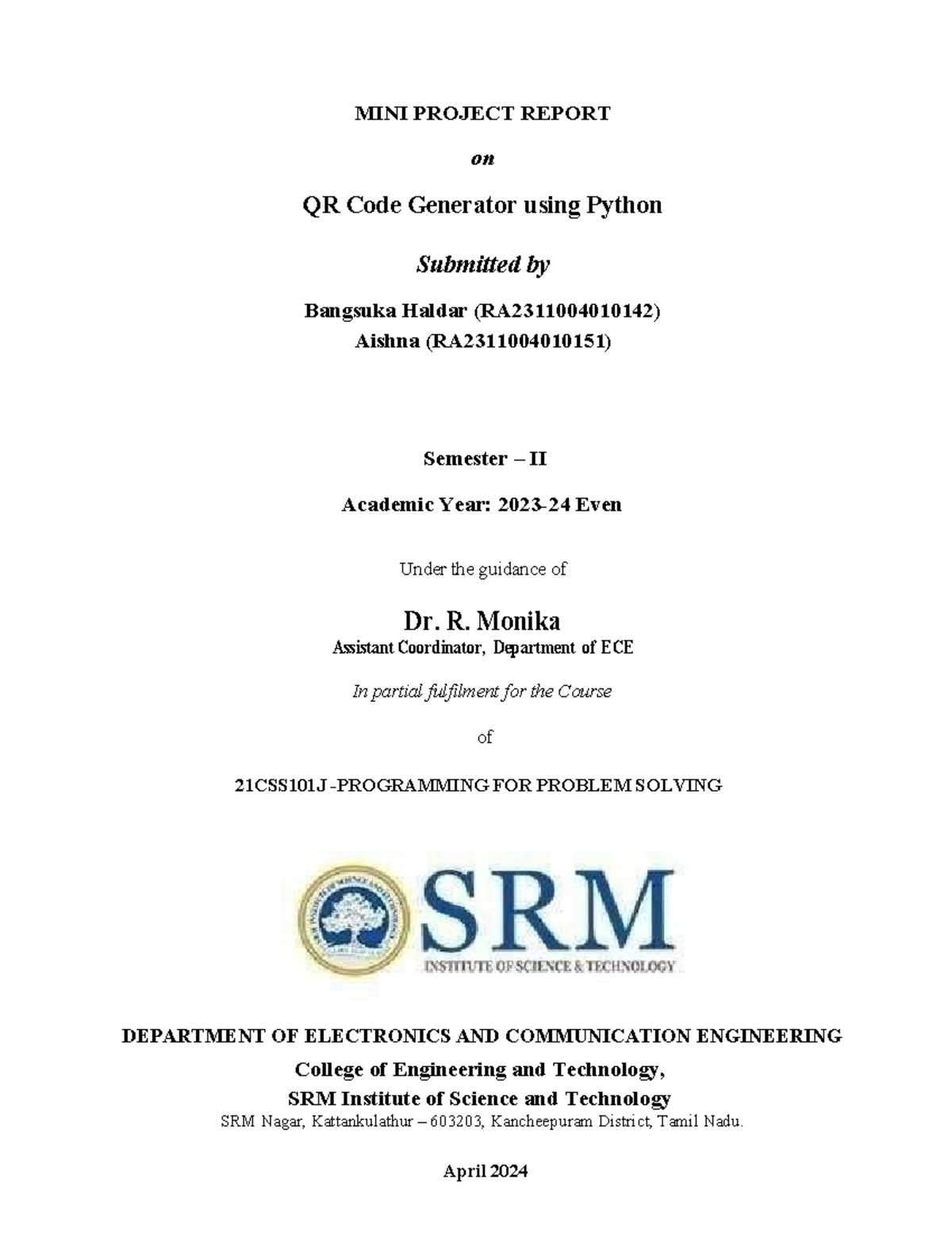 PPS Mini Project on QR Code Generator Using Python (21CSS101J) - Studocu