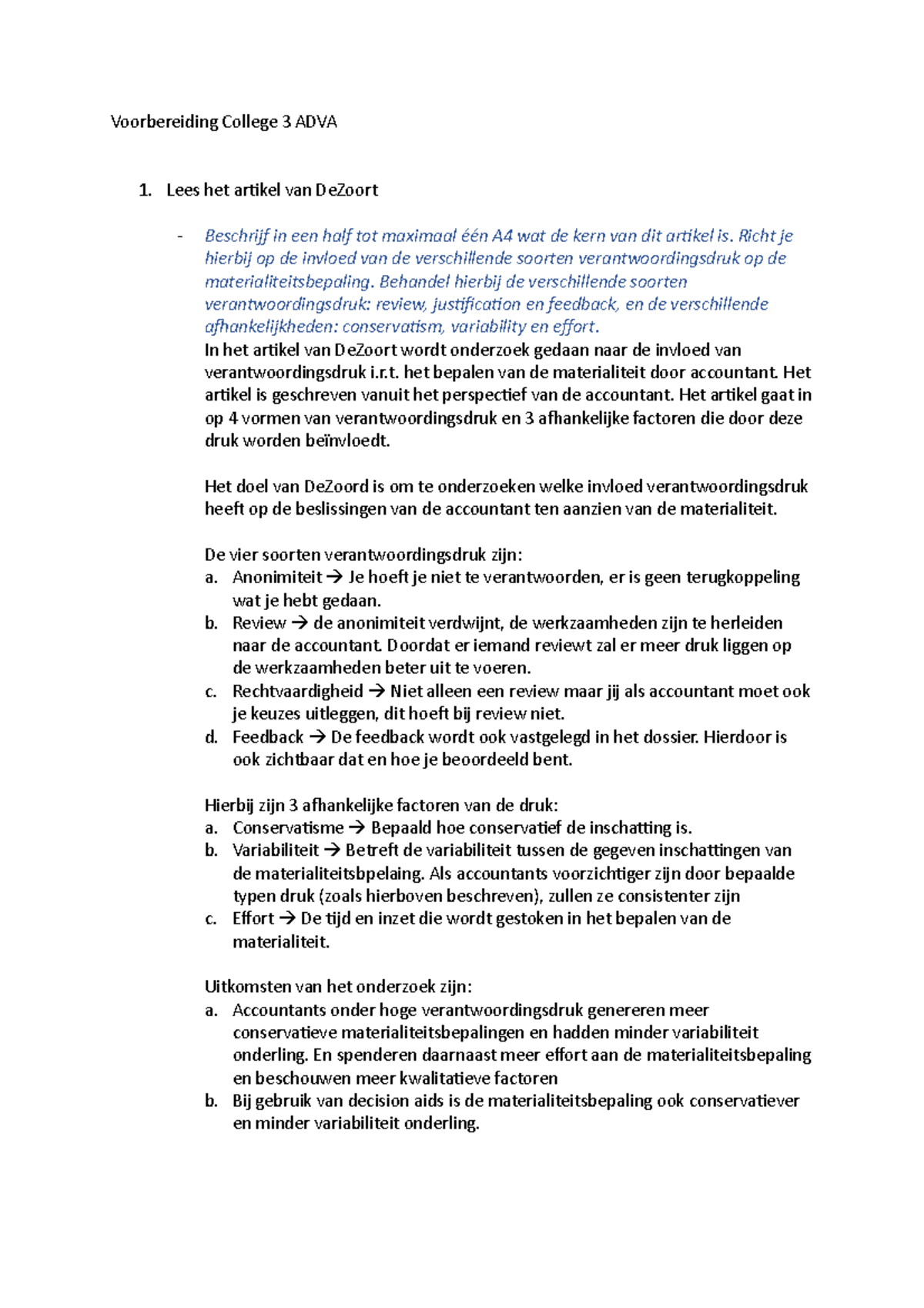 Voorbereiding College 3 ADVA: Verantwoordingsdruk en ...