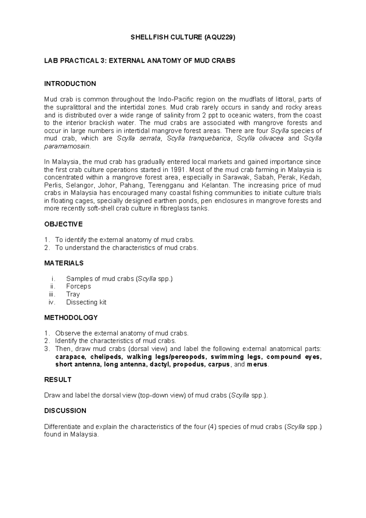 LAB 3 (AQU229) Practical on External Anatomy of Mud Crabs - Studocu