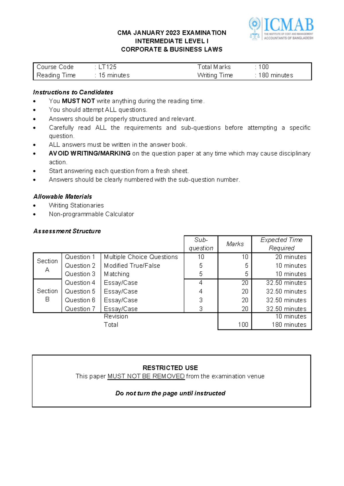 CMA January 2023 Intermediate Exam: Corporate Business Laws LT125 - Studocu