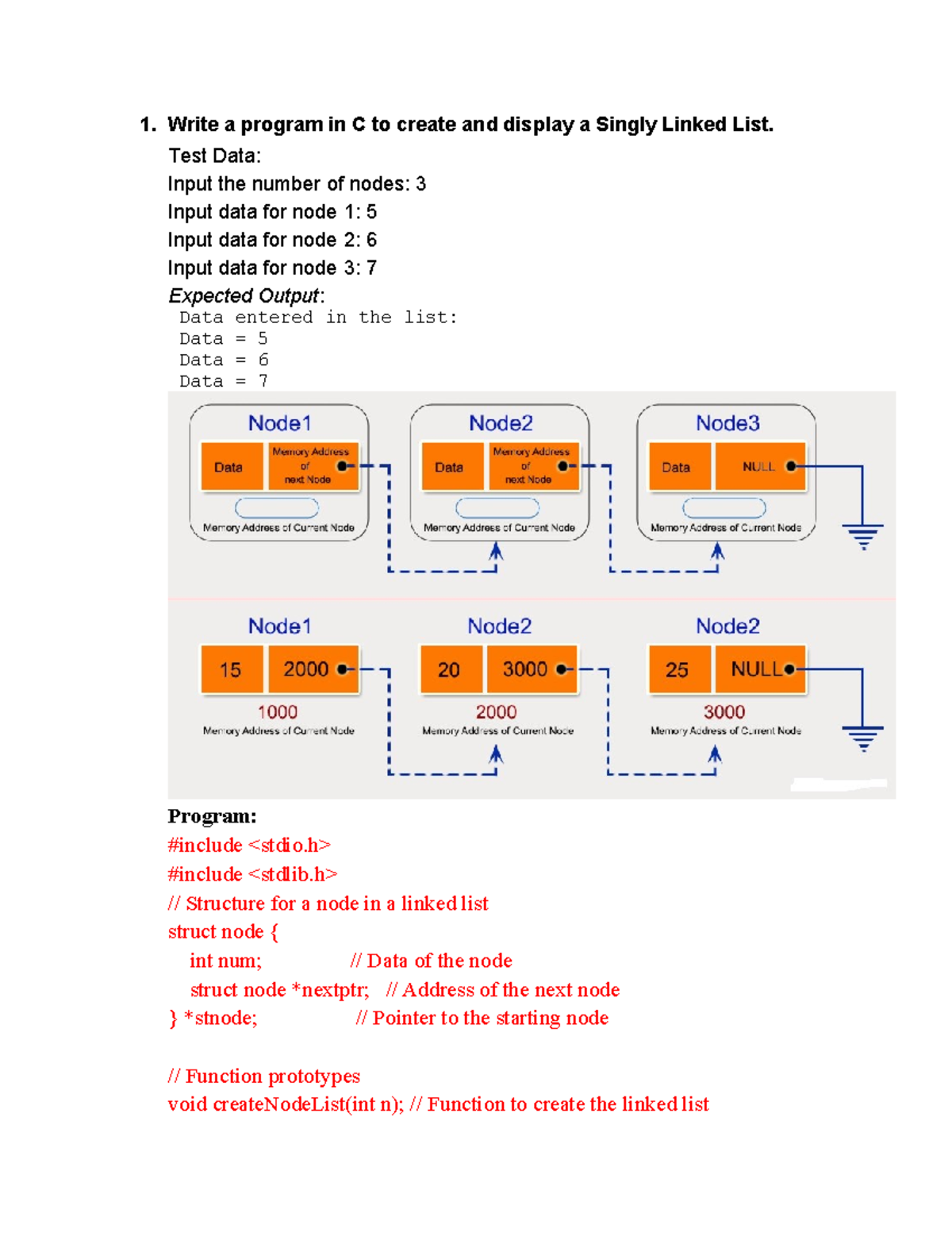 Singly Linked List Programs in C: Creation, Display, and Reversal - Studocu