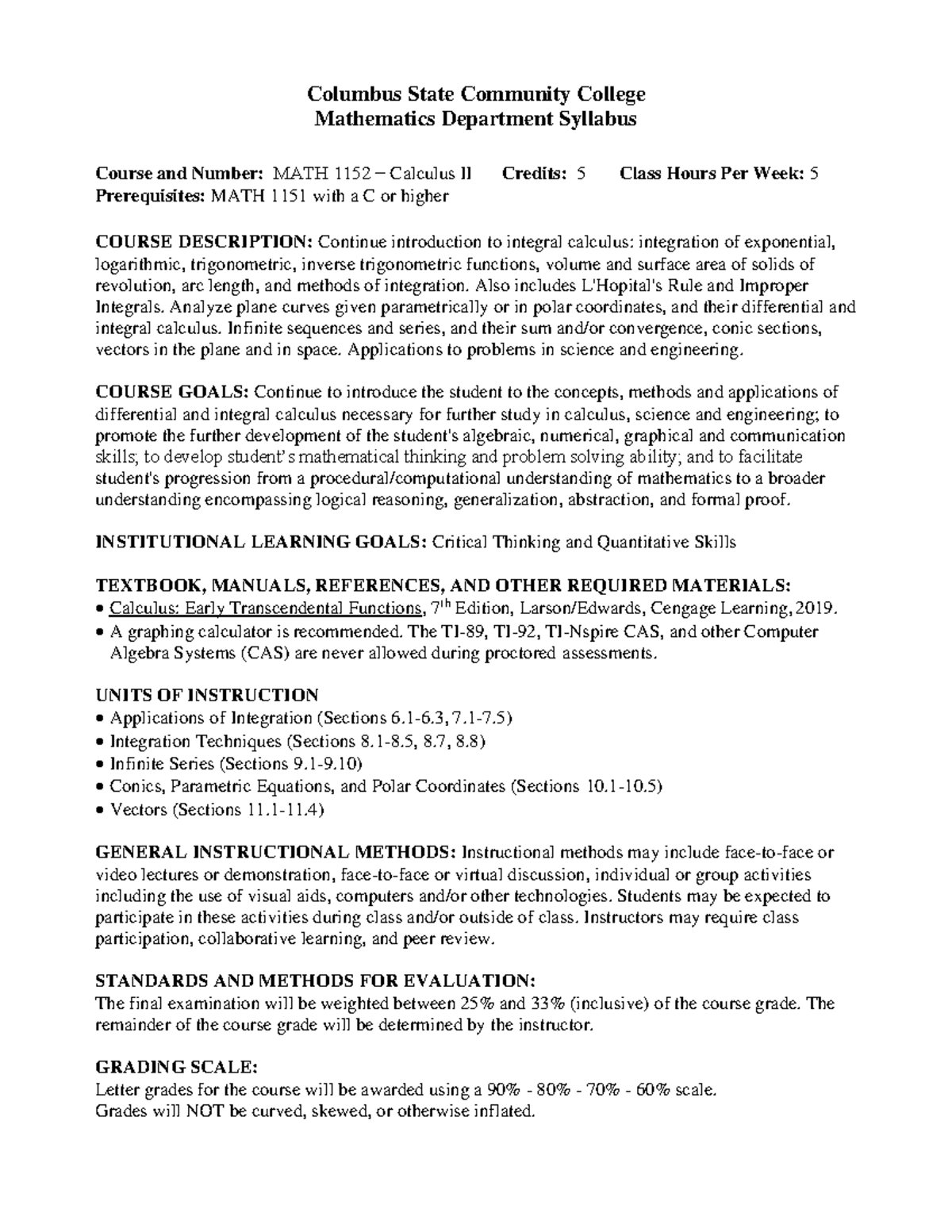 MATH 1152 - Calculus II Syllabus: Integral Calculus Concepts and ...