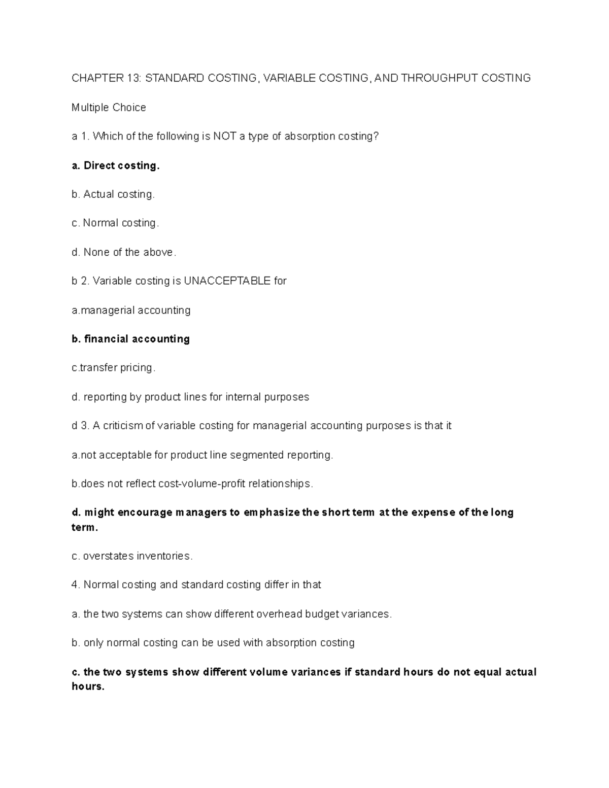 CHAPTER 13: Standard Costing, Variable Costing, and Throughput Costing ...