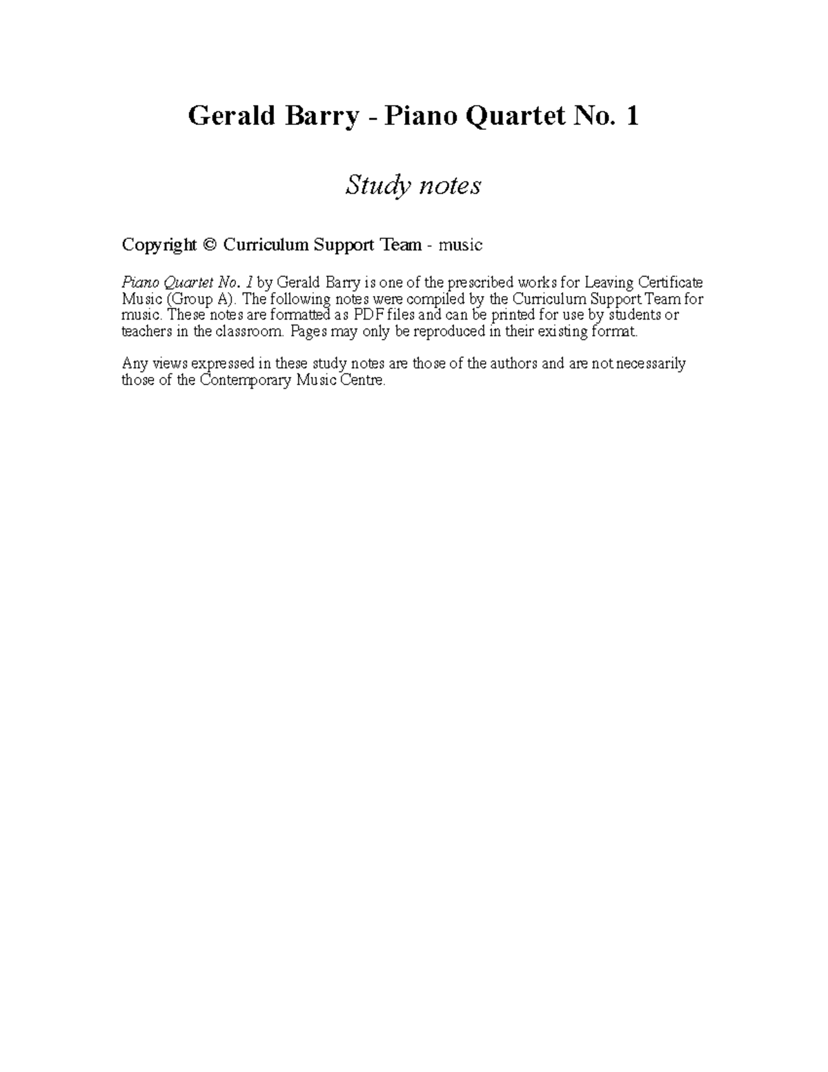 Barry - Hshbd - Gerald Barry - Piano Quartet No. 1 Study notes ...