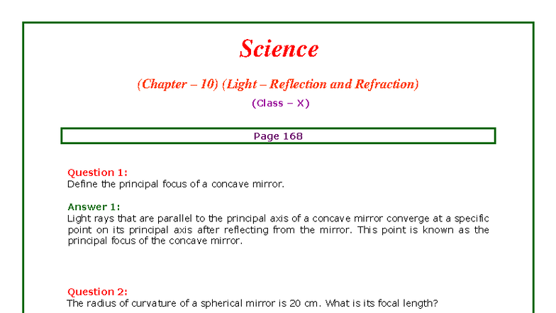 Science (Chapter 10) (Light Reflection & Refraction) (Class X) Notes ...
