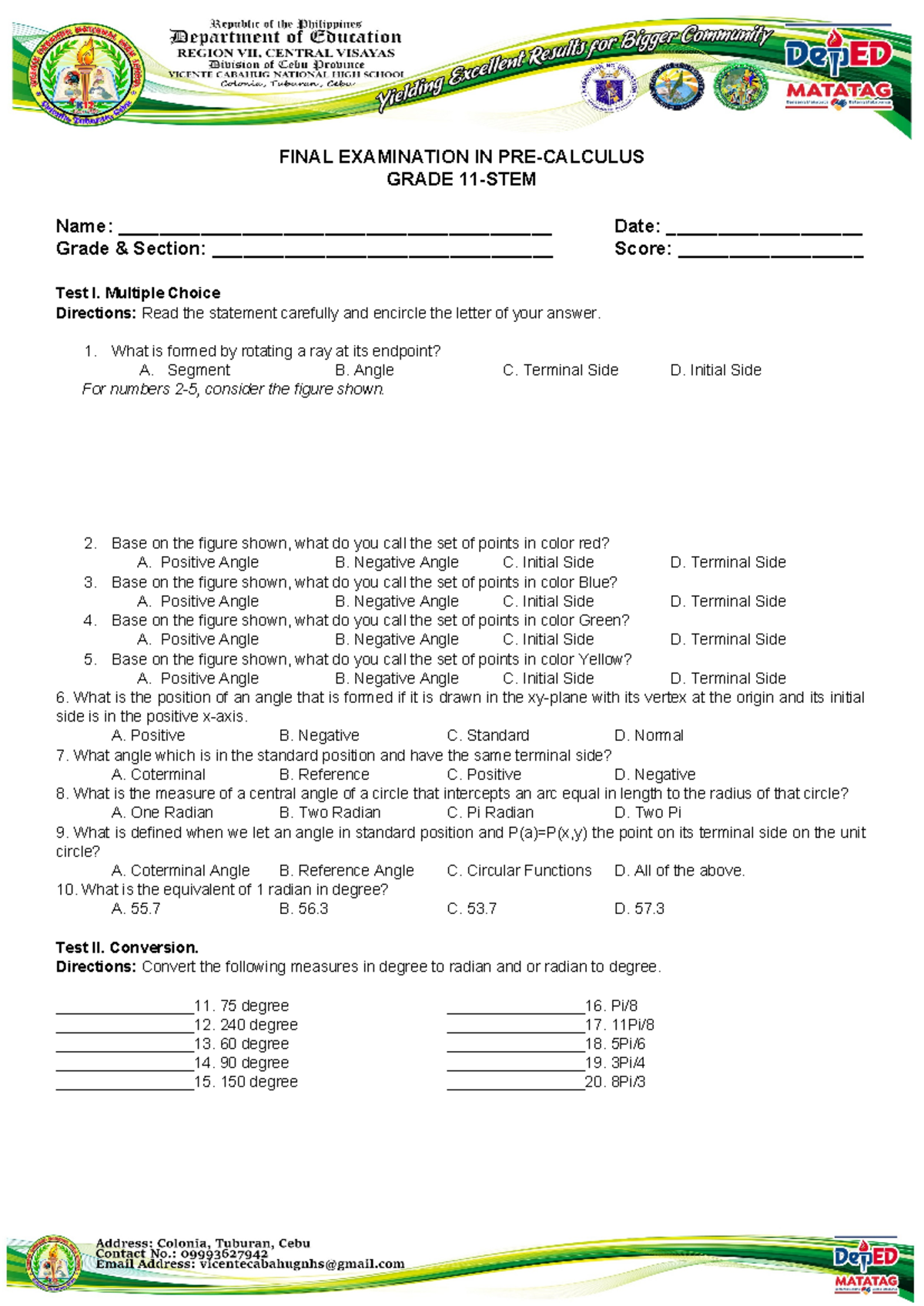 Final Exam - Pre-Calculus (Grade 11 STEM) - Studocu