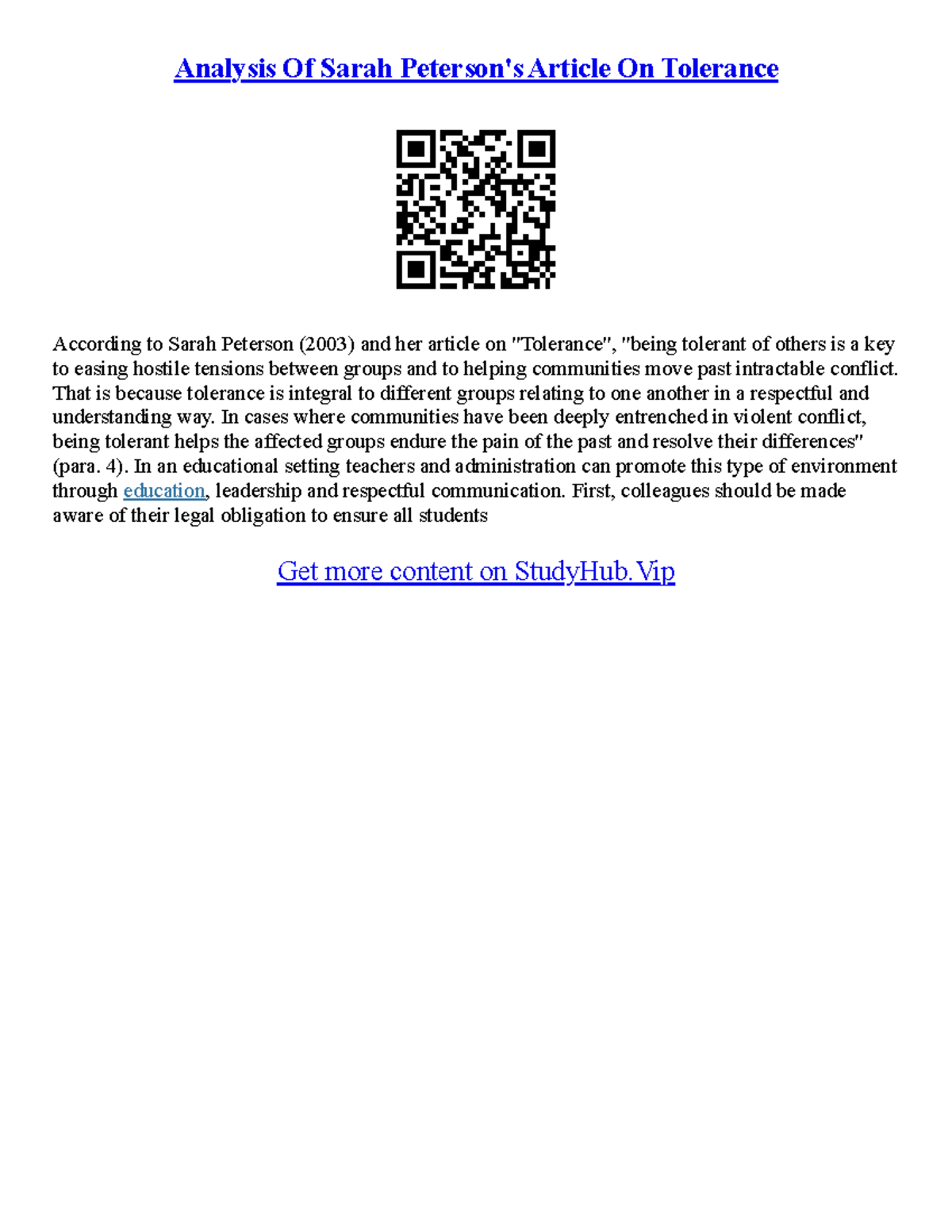 Essay About Tolerance - Analysis Of Sarah Peterson's Article On ...