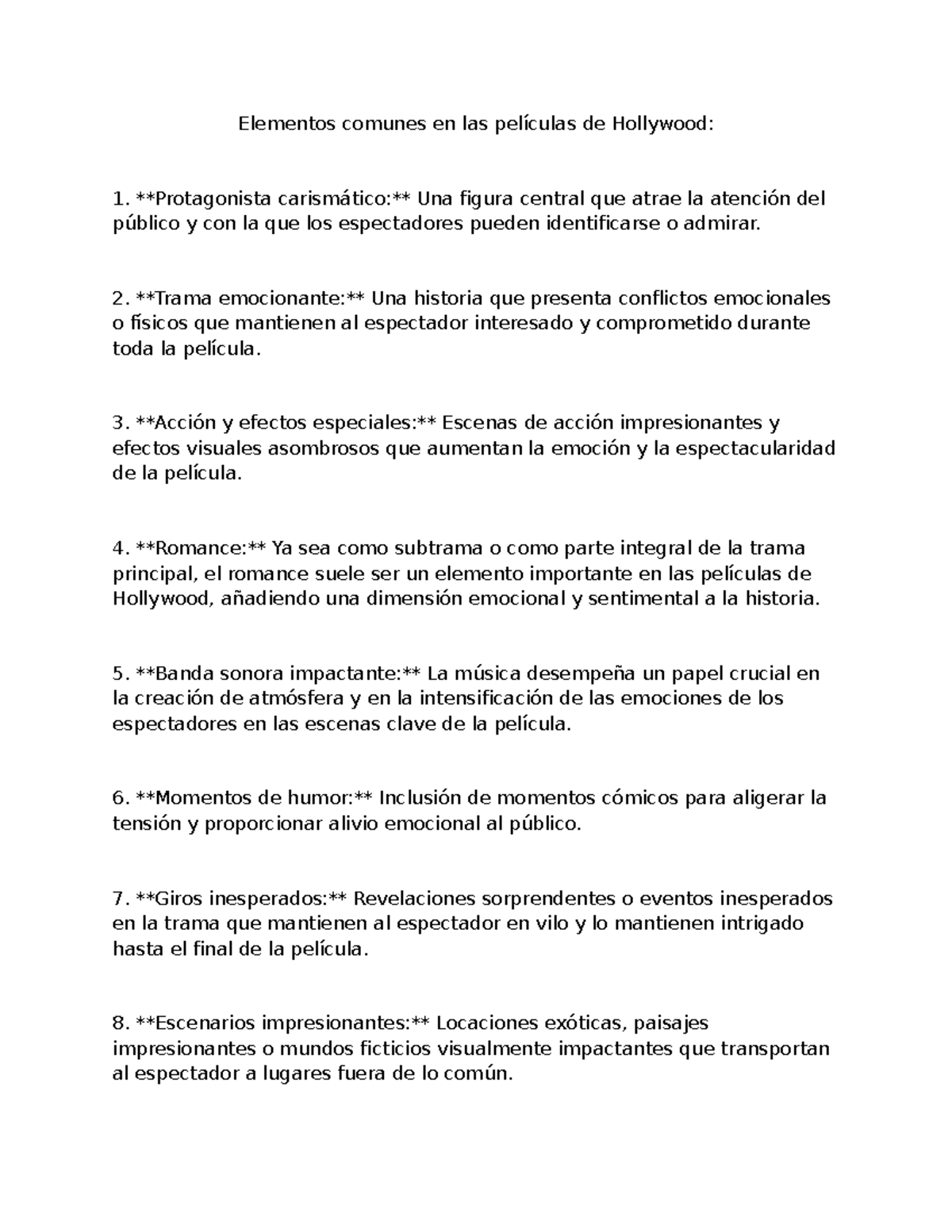 Elementos Clave en las Películas de Hollywood: Análisis y Estilos - Studocu