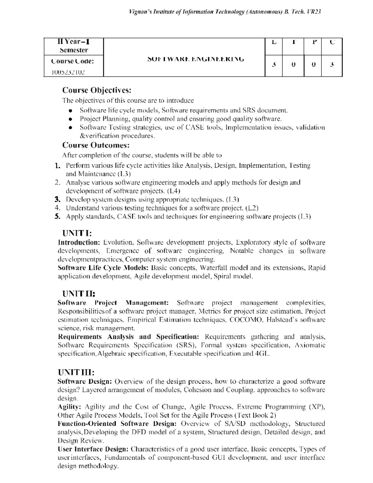 Software Engineering Syllabus (Course Code: 3003) - B. Tech. VR23 II I ...