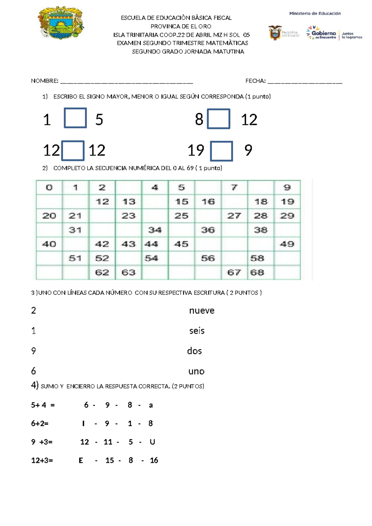 Examen de Matemáticas 2DO Trimestre - Segundo Grado - Studocu