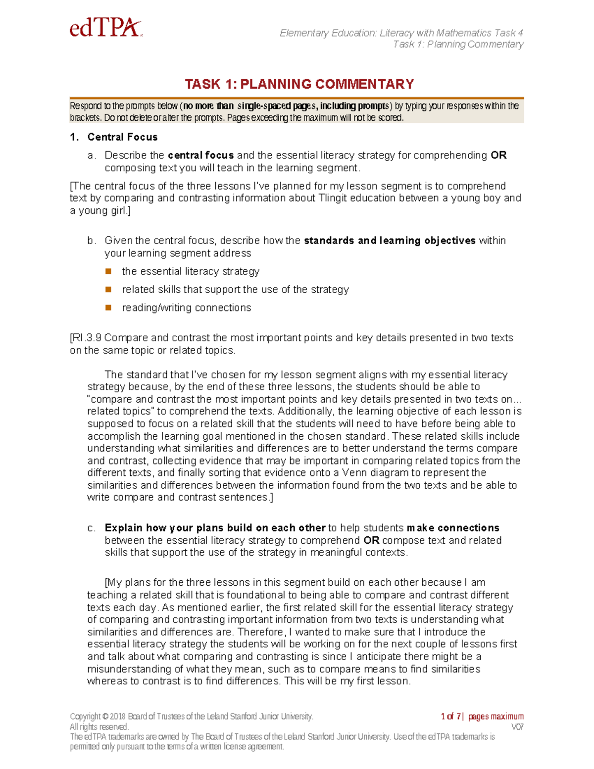 edTPA Task 1: Planning Commentary on Literacy Strategy and Student ...